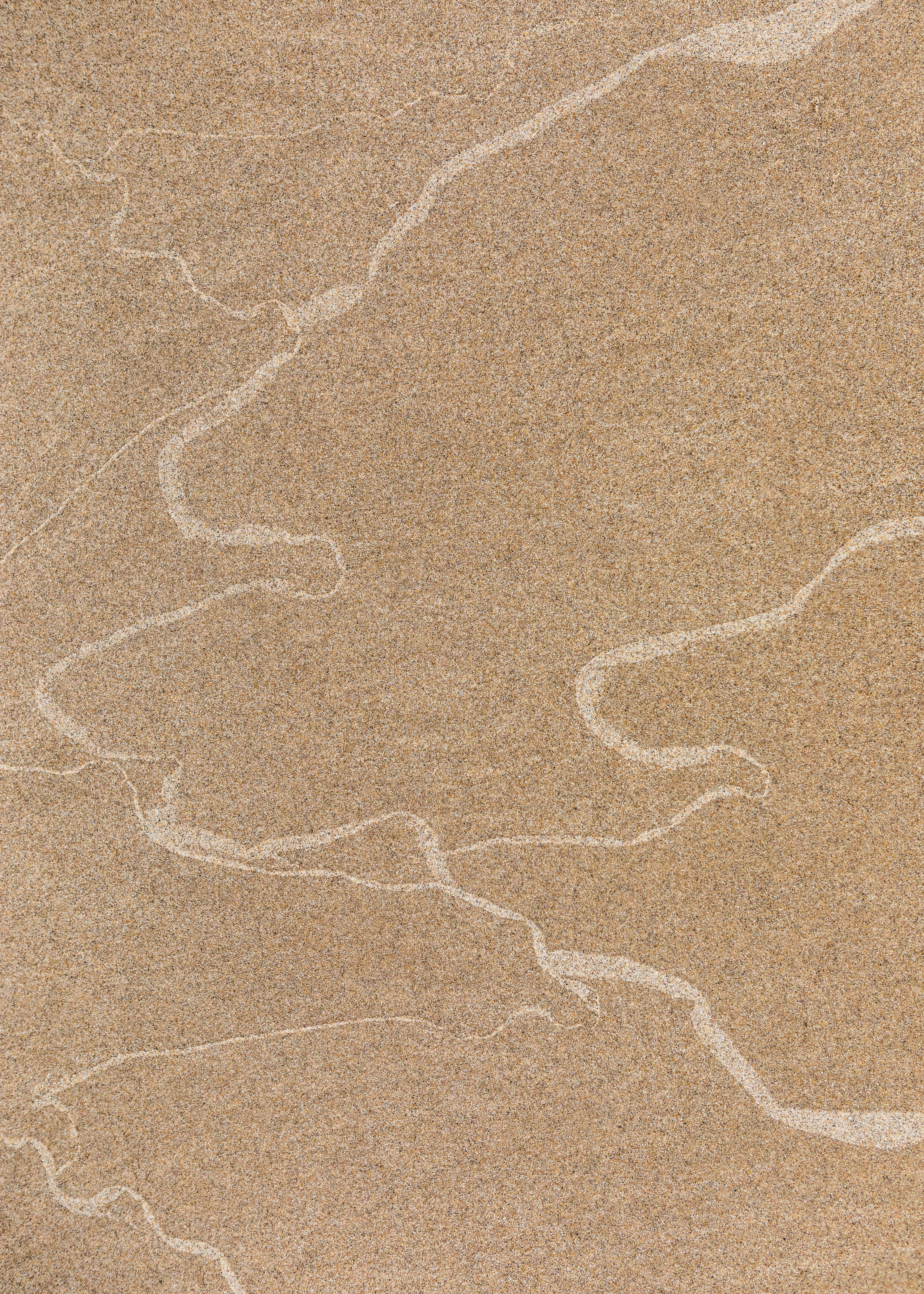 A close-up view of sandy terrain, showcasing subtle lines and patterns formed by natural erosion. The interplay of light and shadow reveals the intricate textures of the surface.