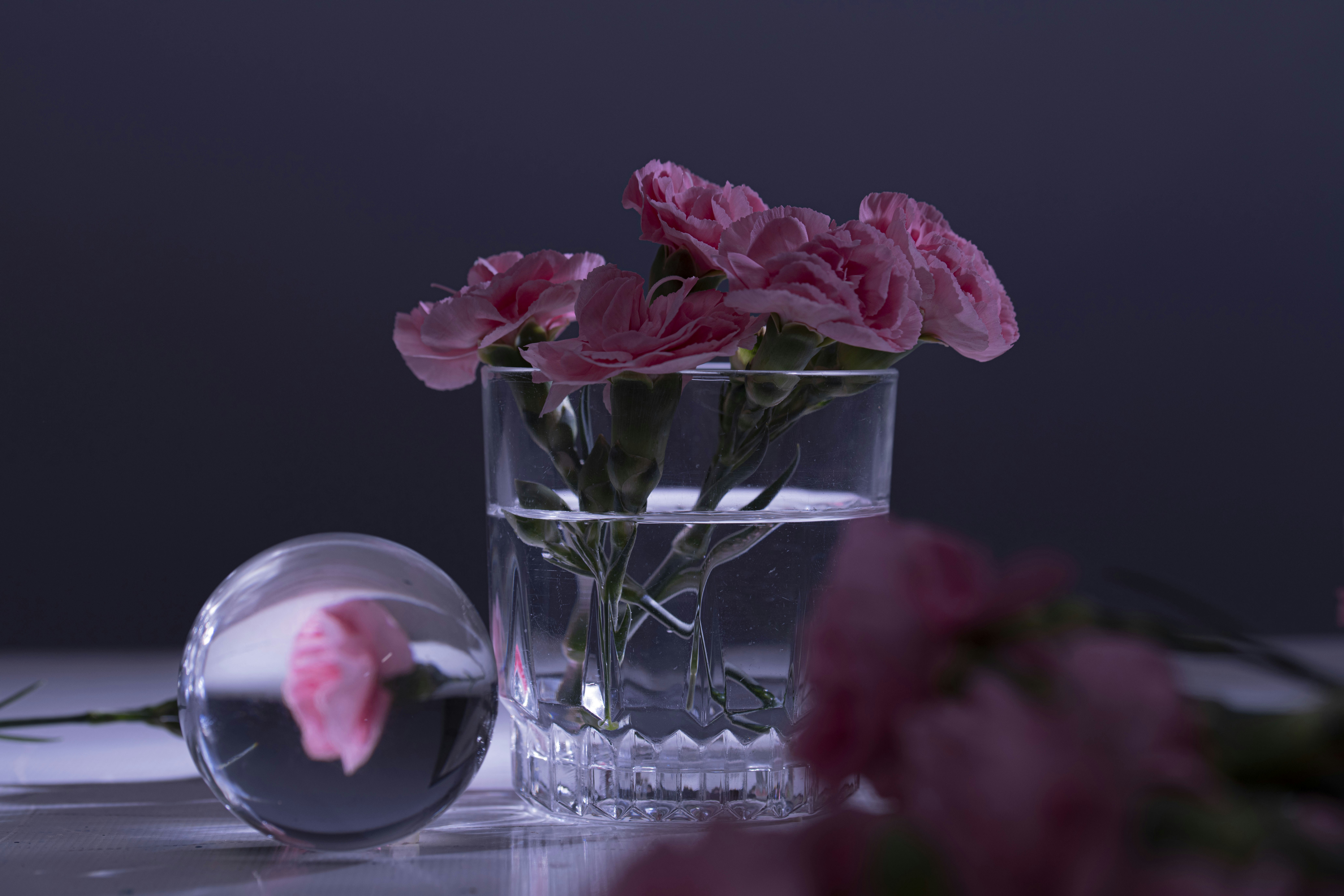 Un vase rempli de fleurs roses à côté d’un miroir photo – Photo Gris ...
