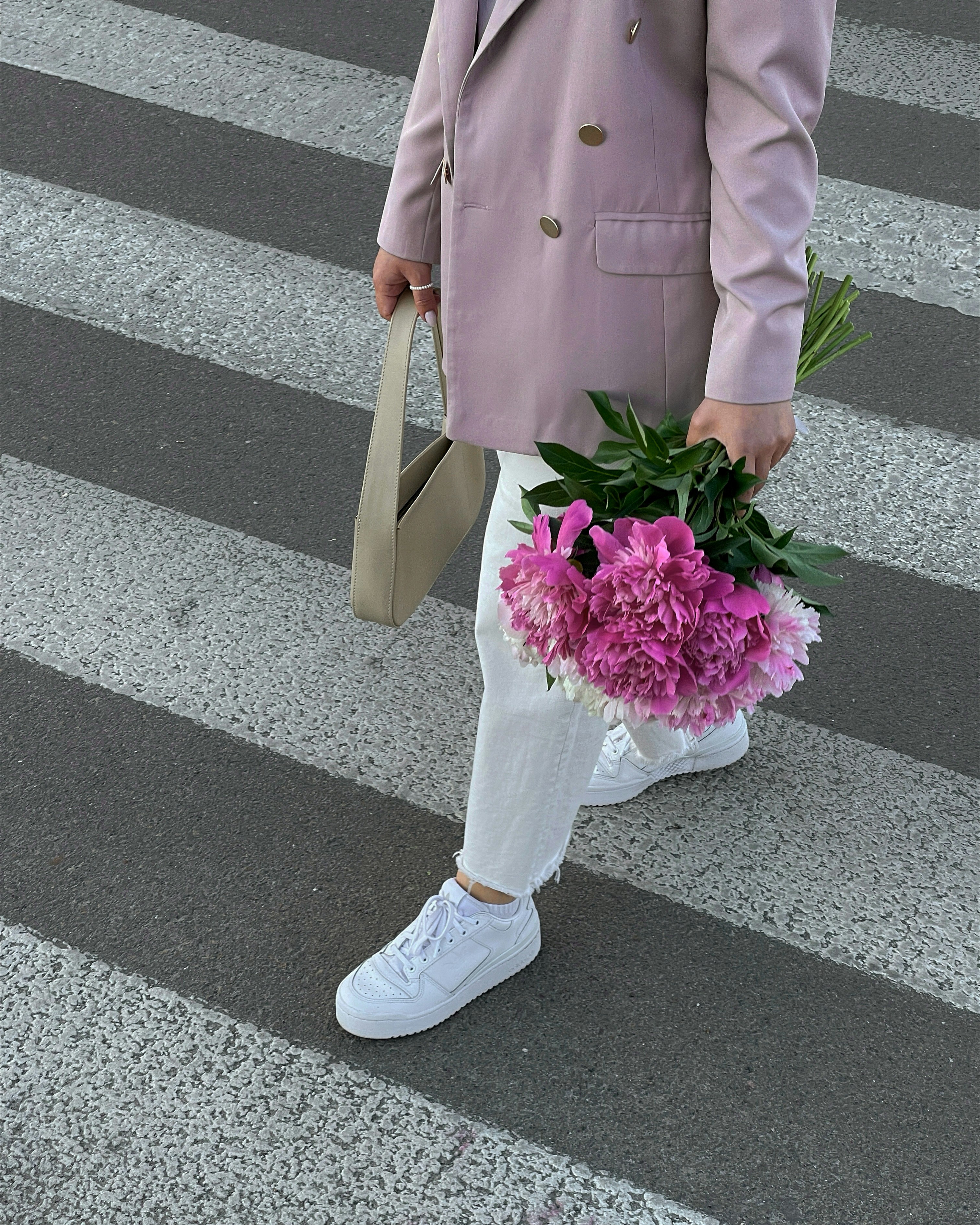 Crosswalk Bloom: Pink Peonies in Transit