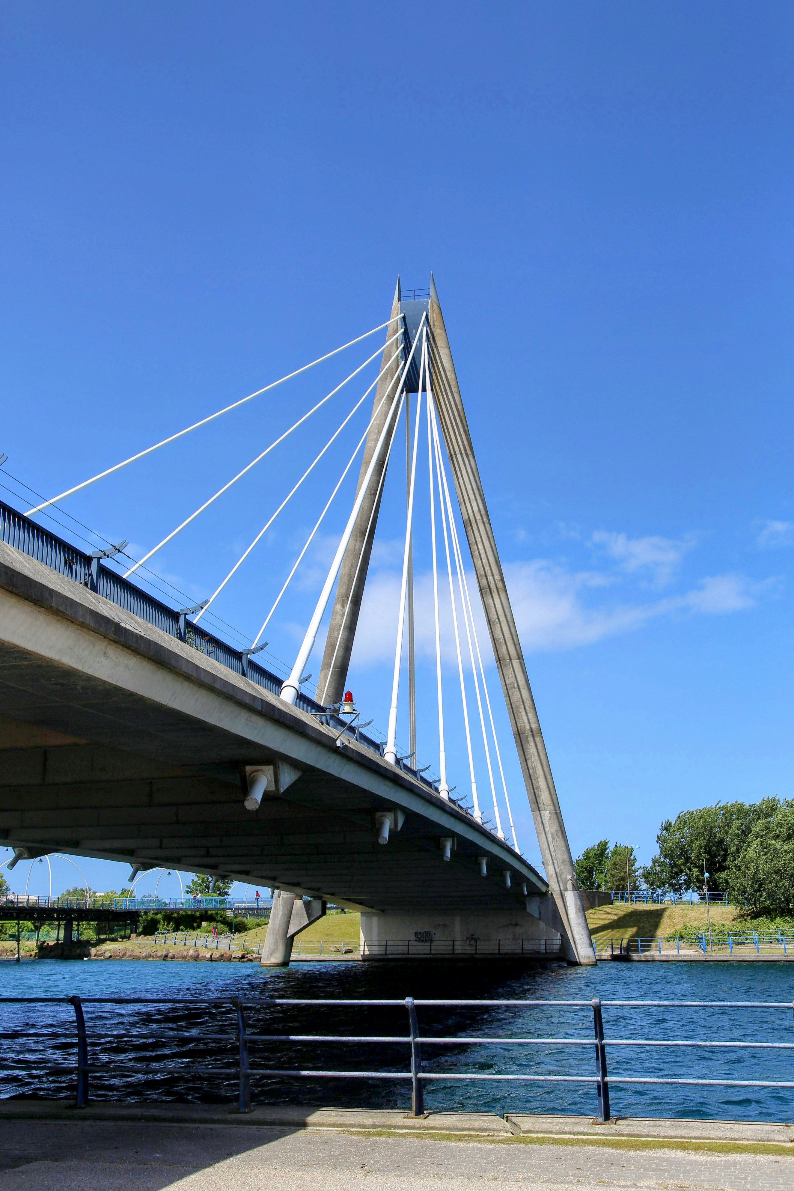 A cable-stayed bridge showcasing its striking design against a clear blue sky, with lush greenery in the background.