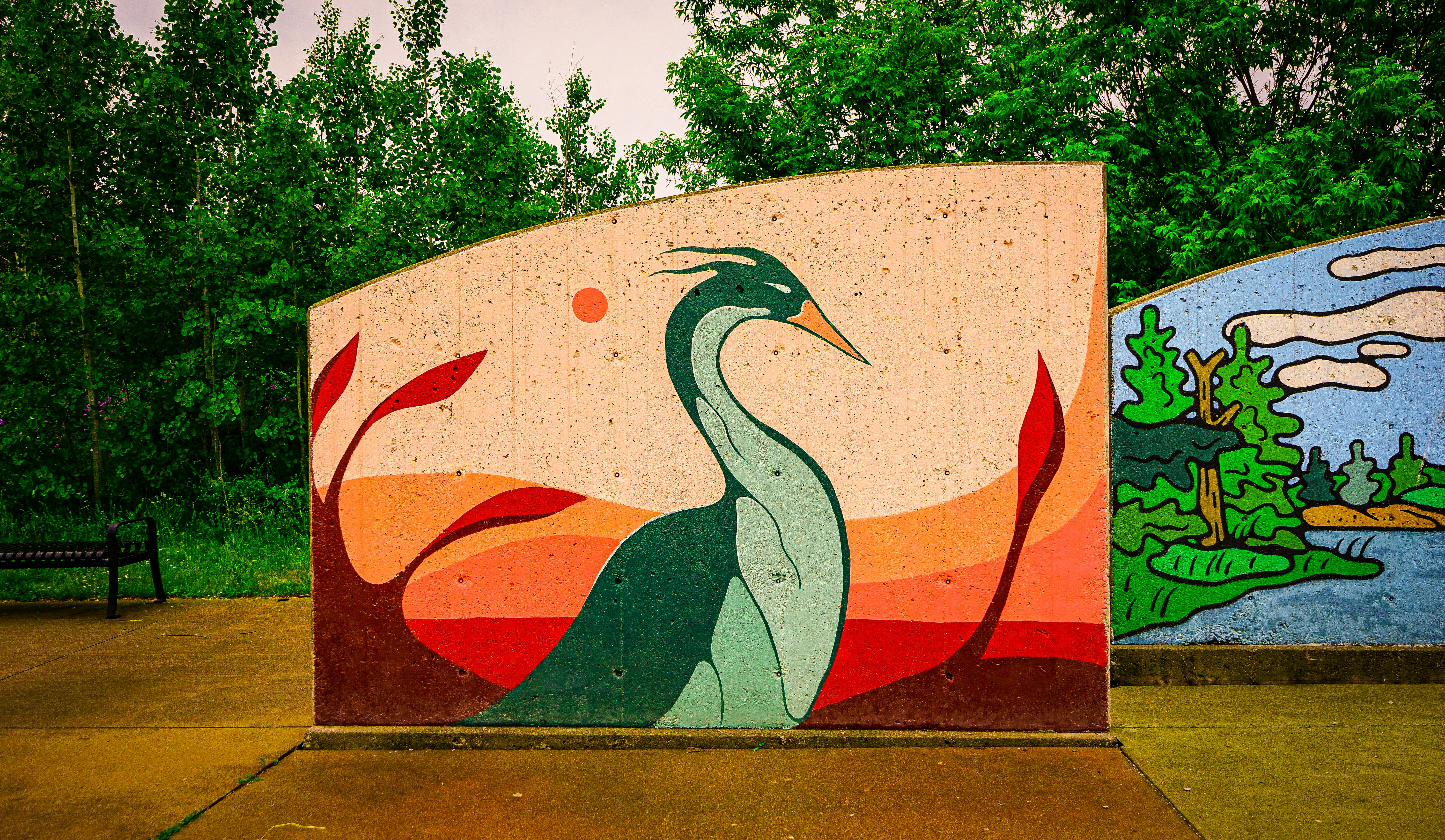 Crane in a Sunset Gradient: A Park Wall Mural Portrait