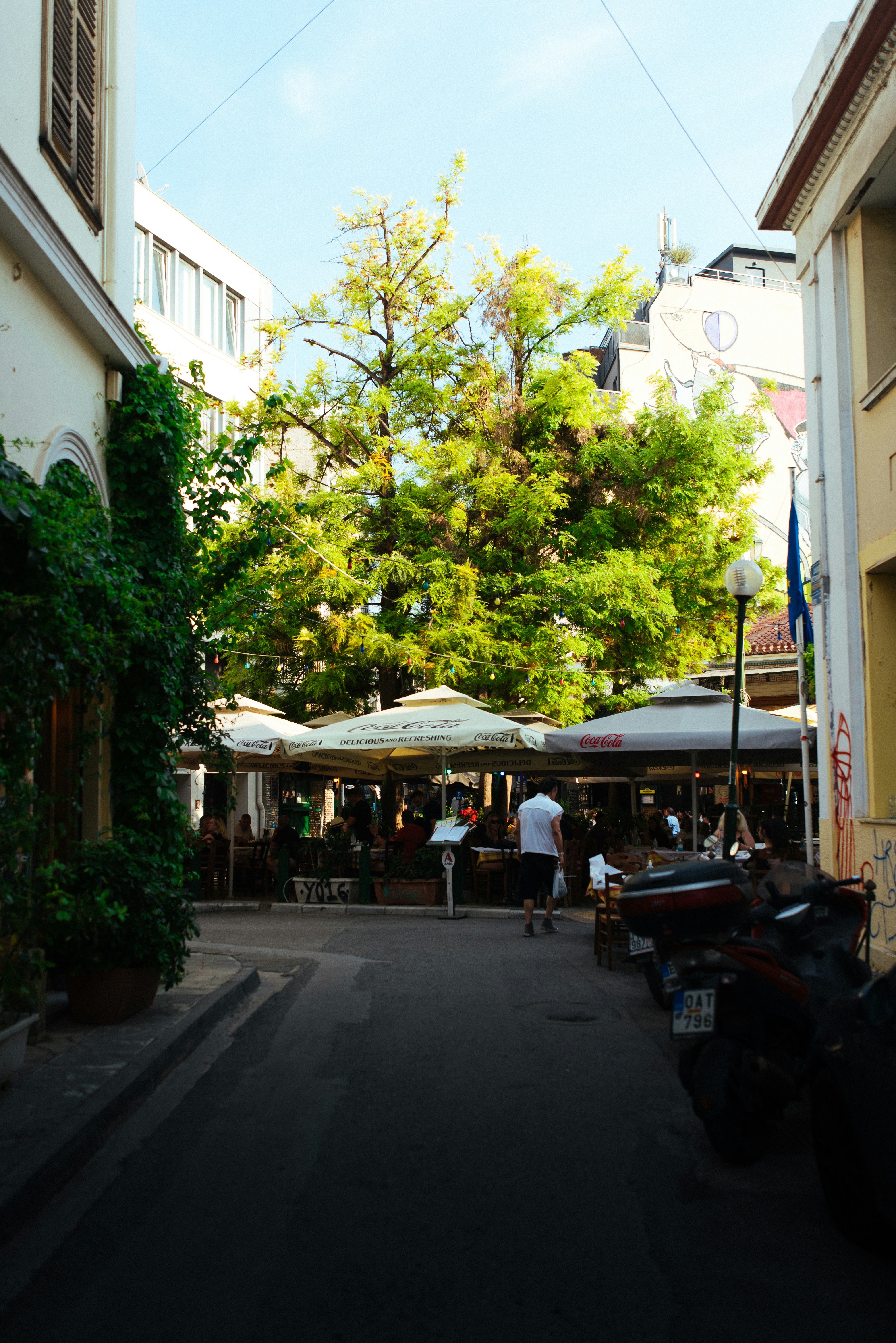 Vibrant street scene featuring outdoor dining under umbrellas, surrounded by lush greenery and charming architecture.