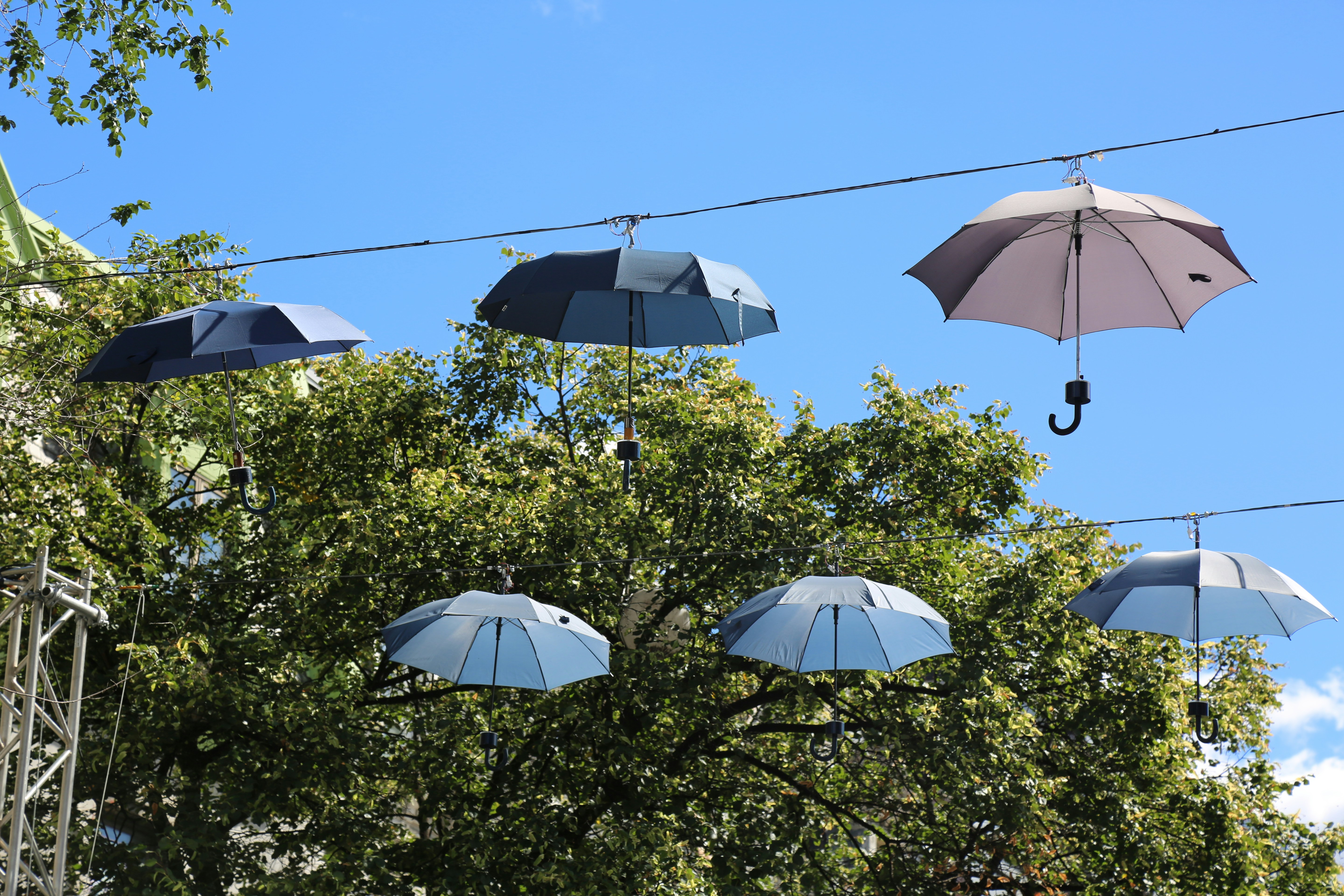 A bunch of umbrellas hanging from a wire photo – Free Canada Image on ...