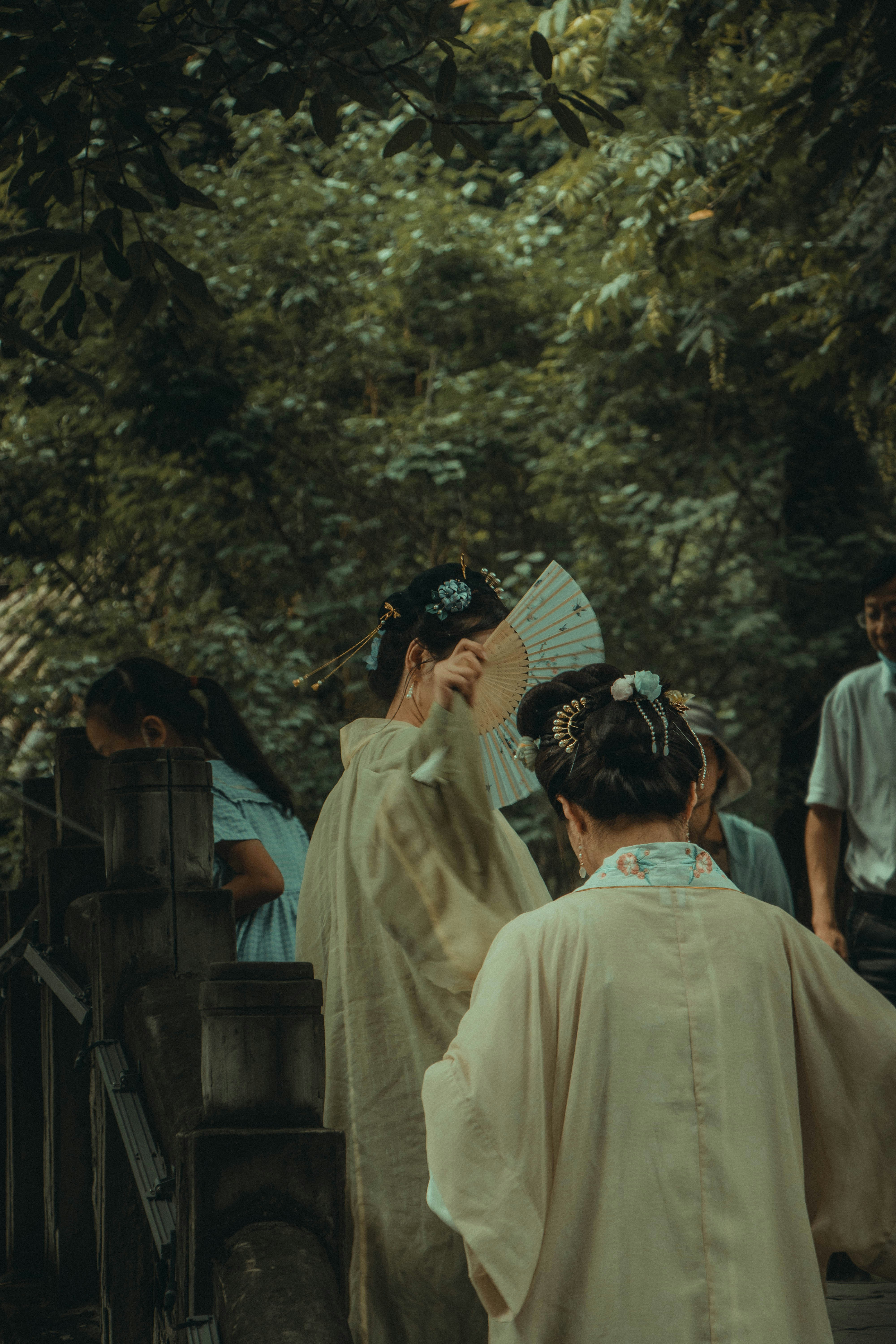 Silk and Shadow: A Quiet Hanfu Procession Through a Garden Path