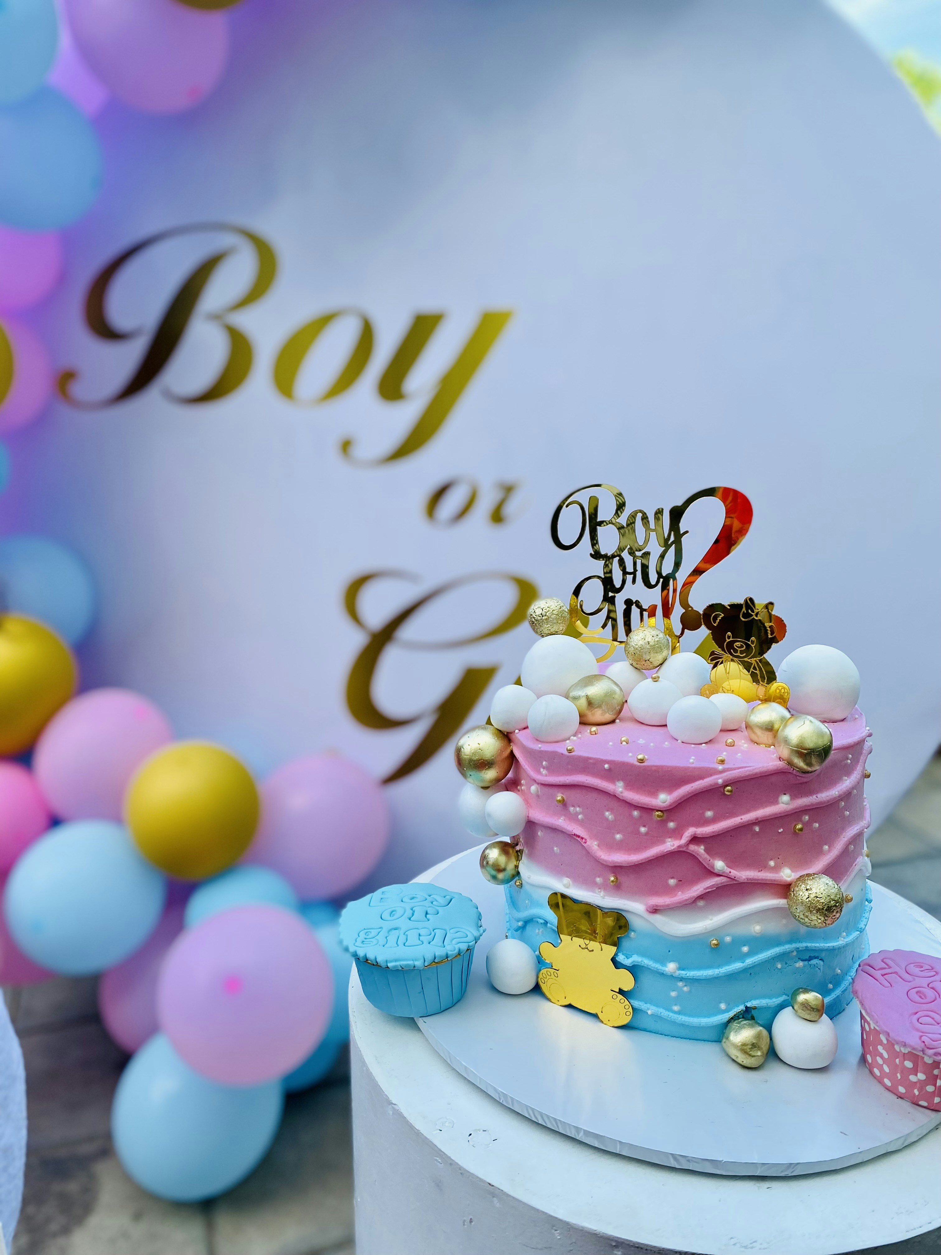Pastel Birthday Cake, Balloons, and Backdrop Celebration