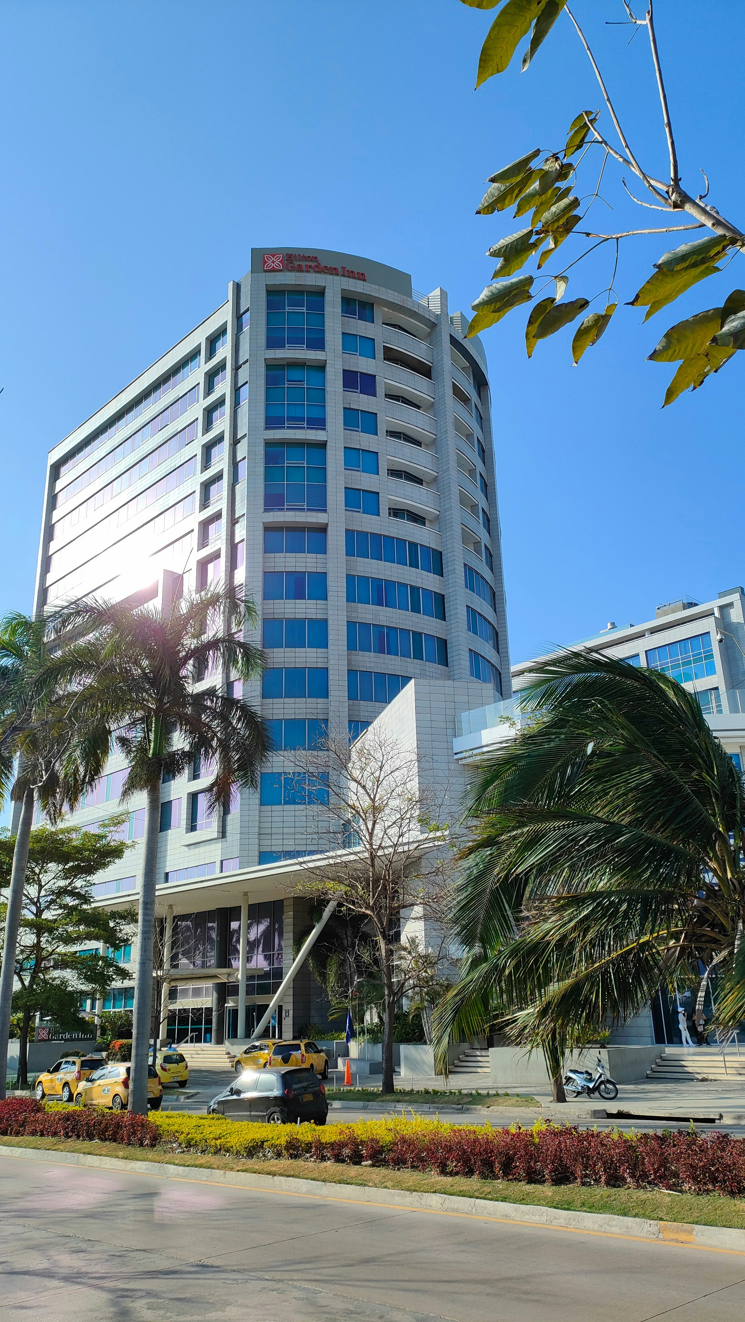 A sleek modern building with reflective glass panels surrounded by palm trees and vibrant landscaping, showcasing a blend of urban design and natural elements.
