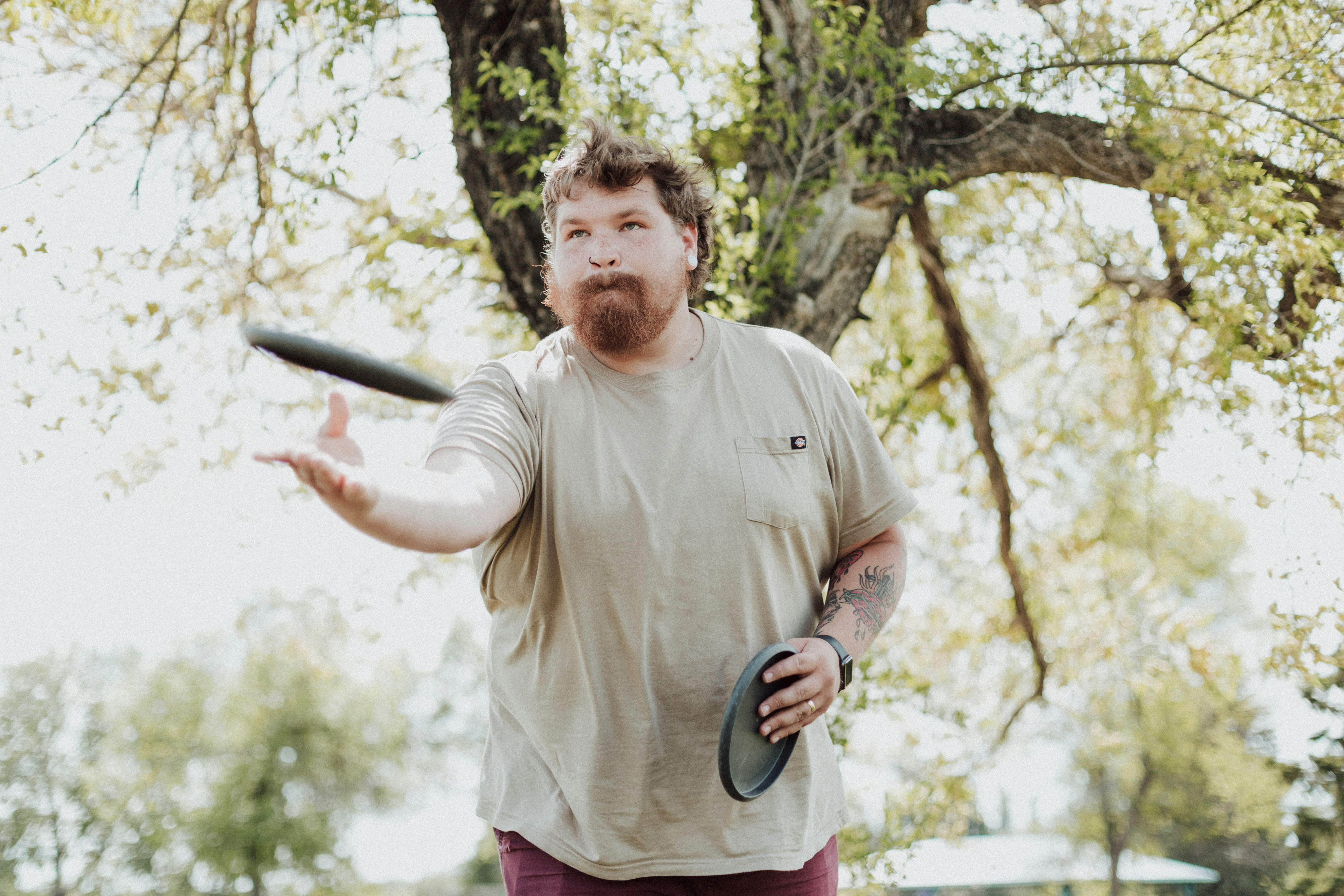 Frisbee Arc in a Sunlit Park: Bearded Thrower in Mid-Flight