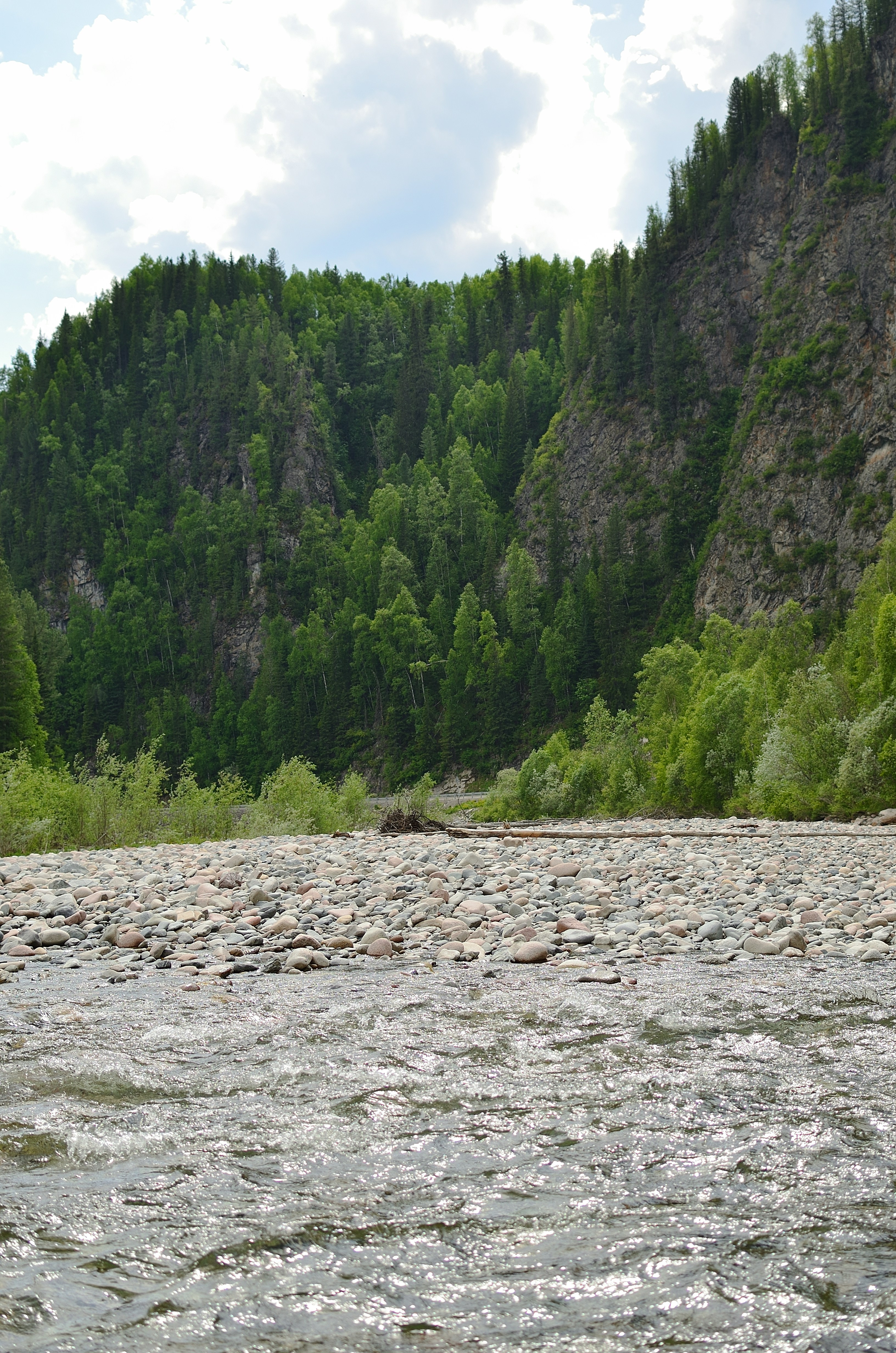 a rocky river with trees on the side