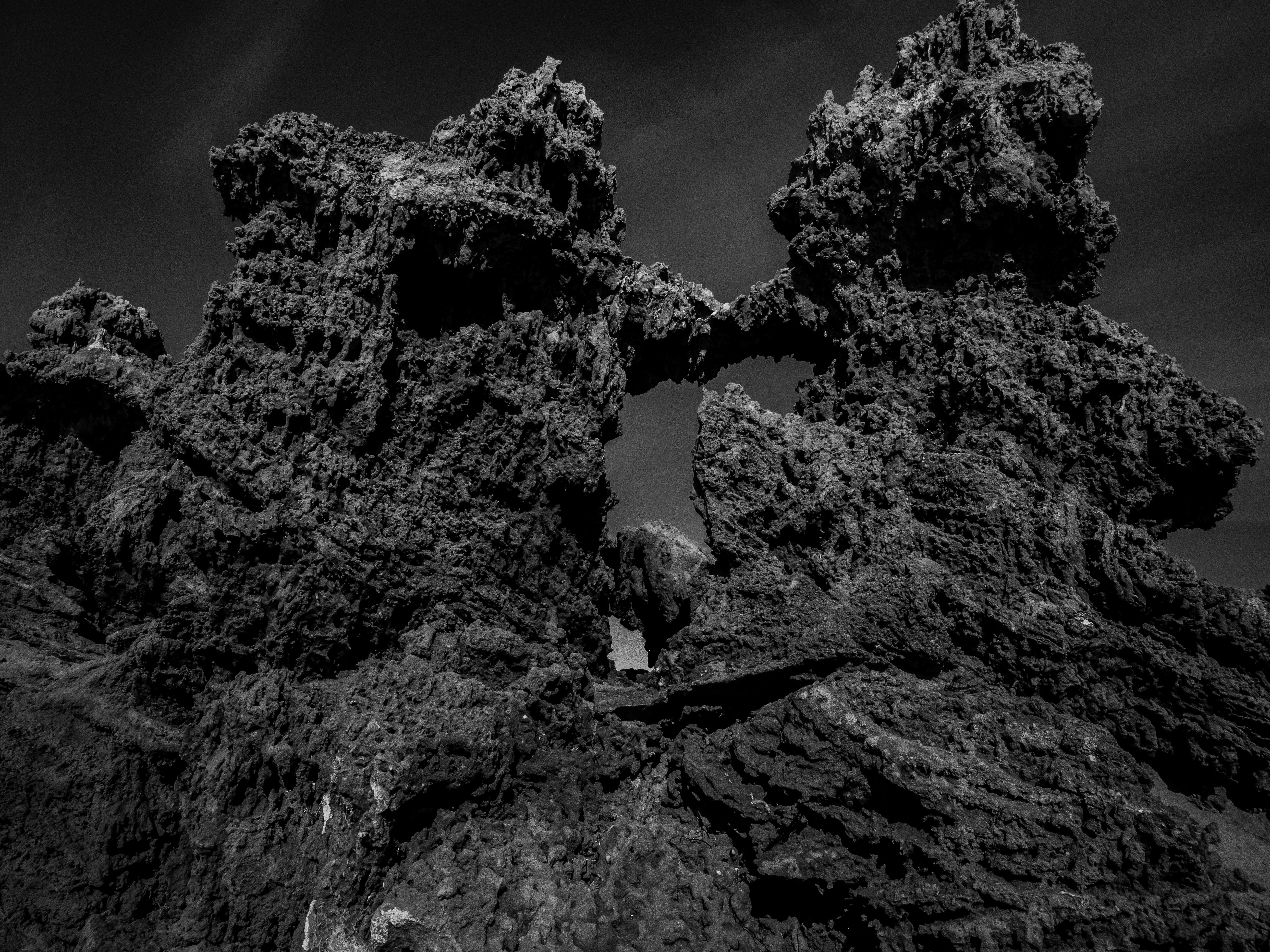 Intricate rock formations resembling ancient guardians, carved by time and elements. The monochromatic tones enhance the textures and shapes.