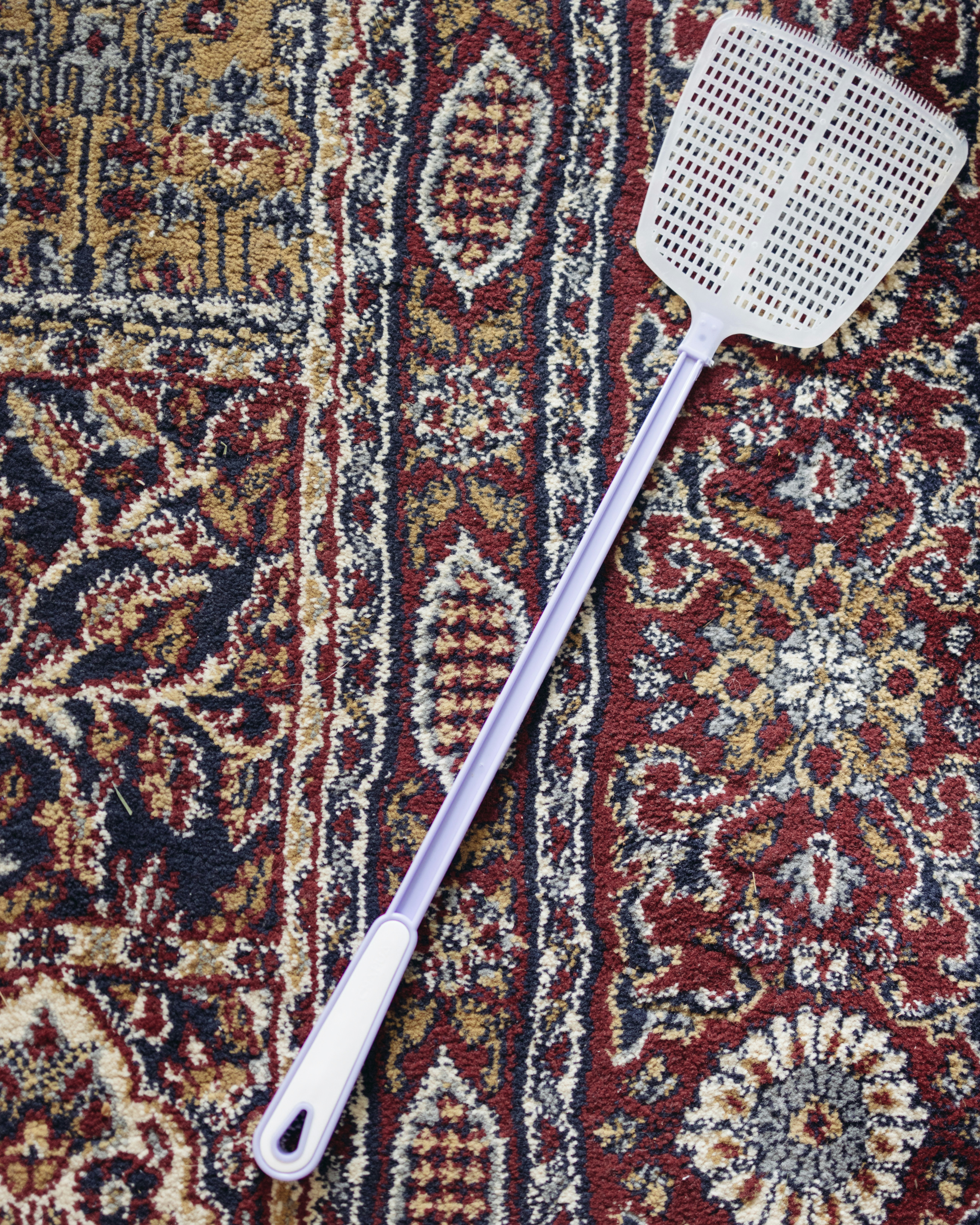 Plastic skimmer resting on a richly patterned Persian rug, highlighting everyday tools in a domestic setting.