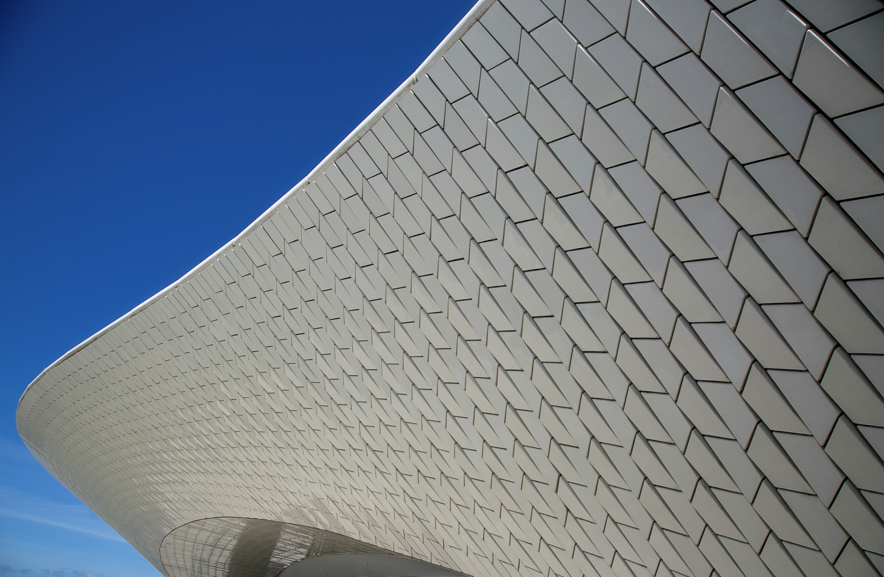 Curved architectural surface with a tessellated pattern against a clear blue sky.
