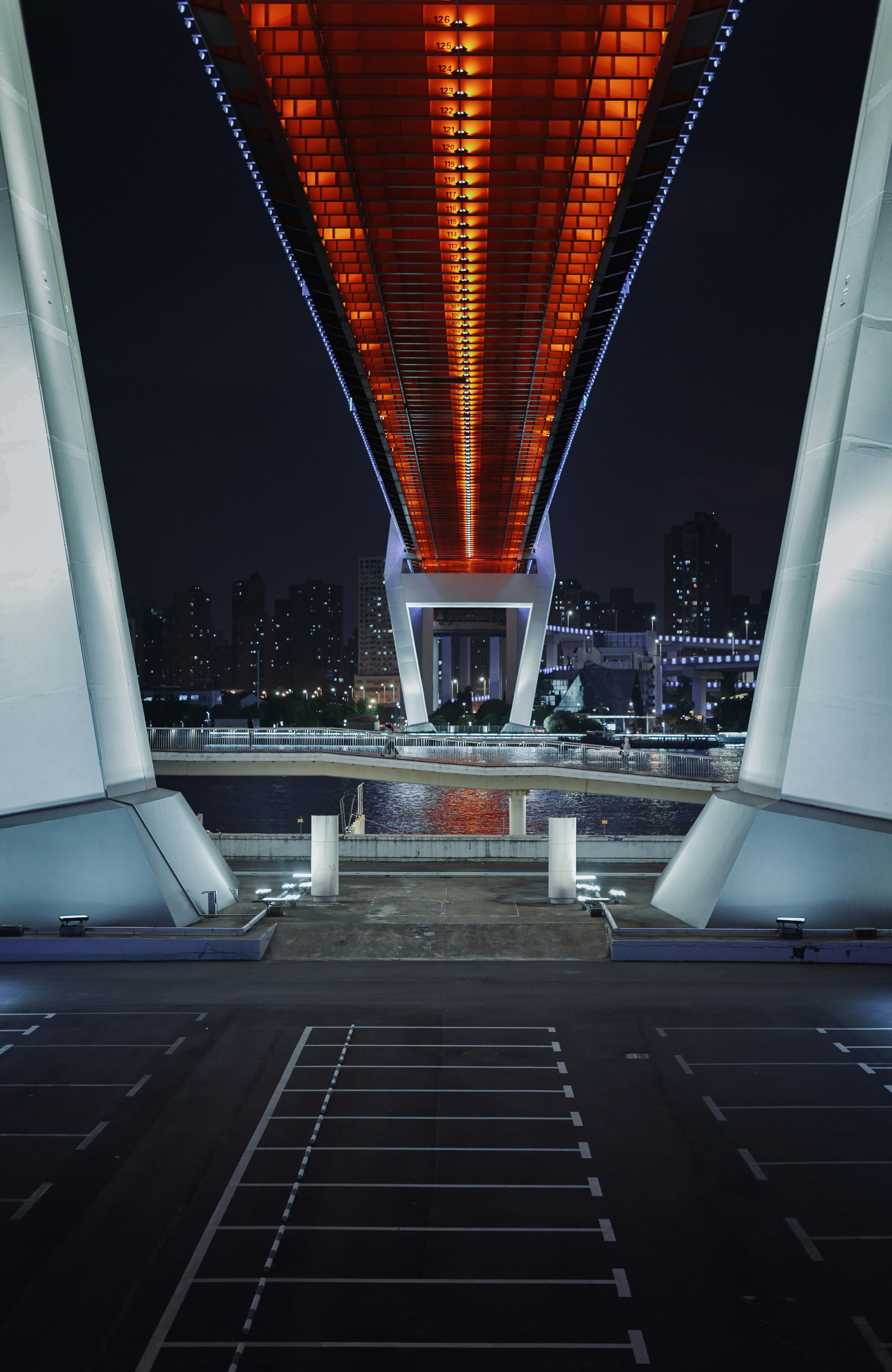 Ember Arc Beneath the Neon Spine: Night Crossing Under the Bridge
