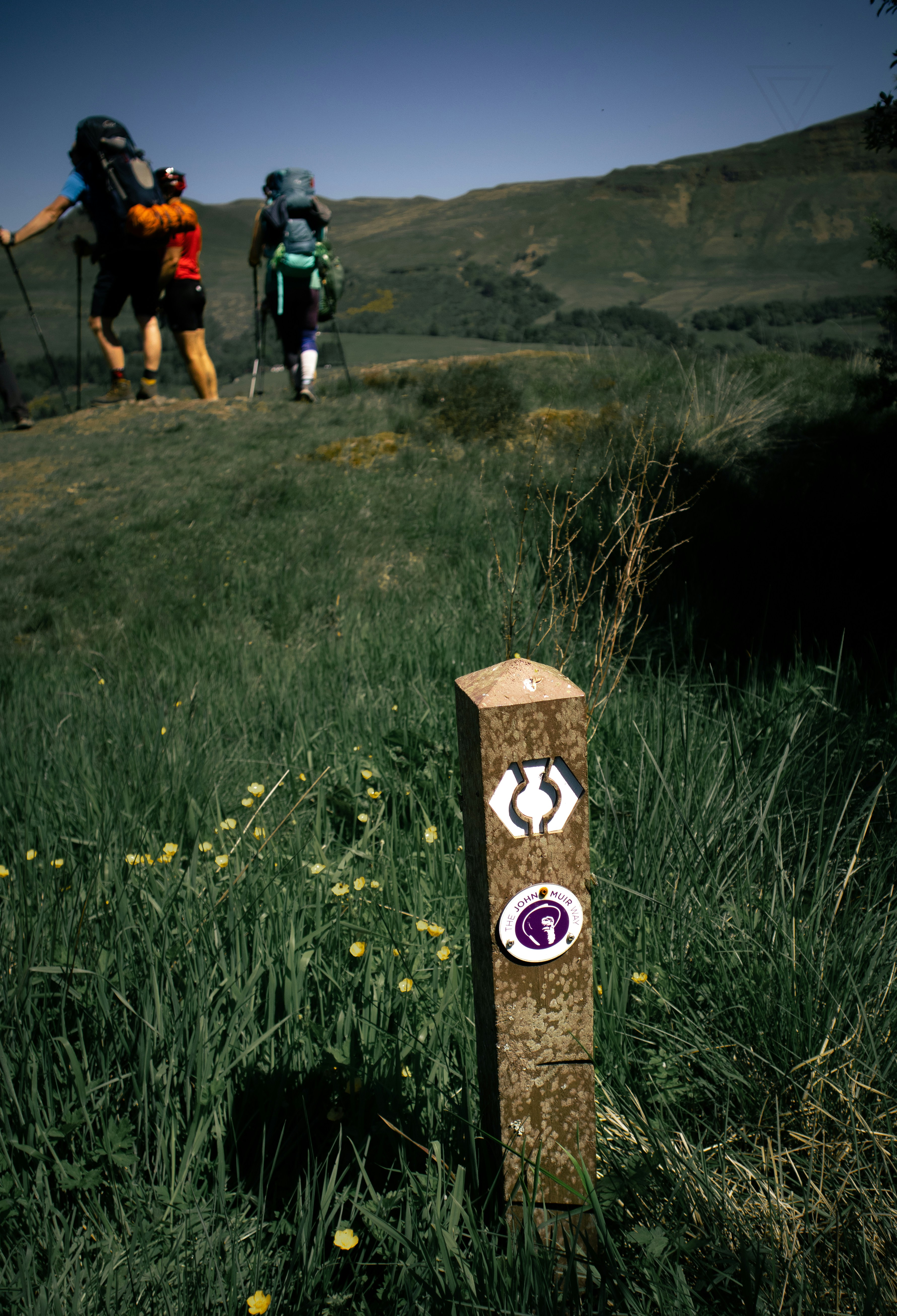 Wooden signpost marking the West Highland Way with backpackers walking in the background.