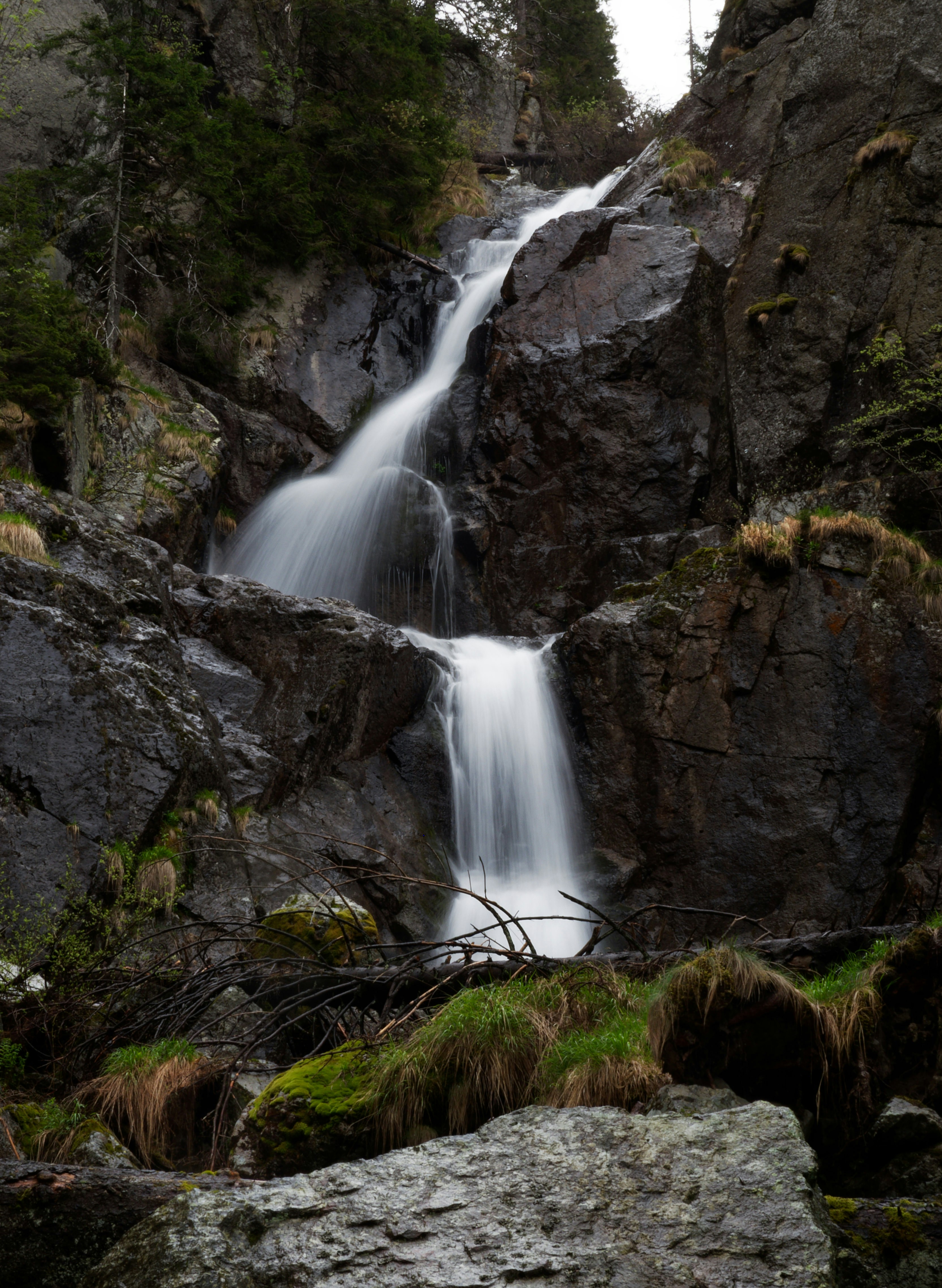 Waterfall cascading down rugged rocks surrounded by lush greenery and moss. The scene captures the serene beauty of nature's flow.