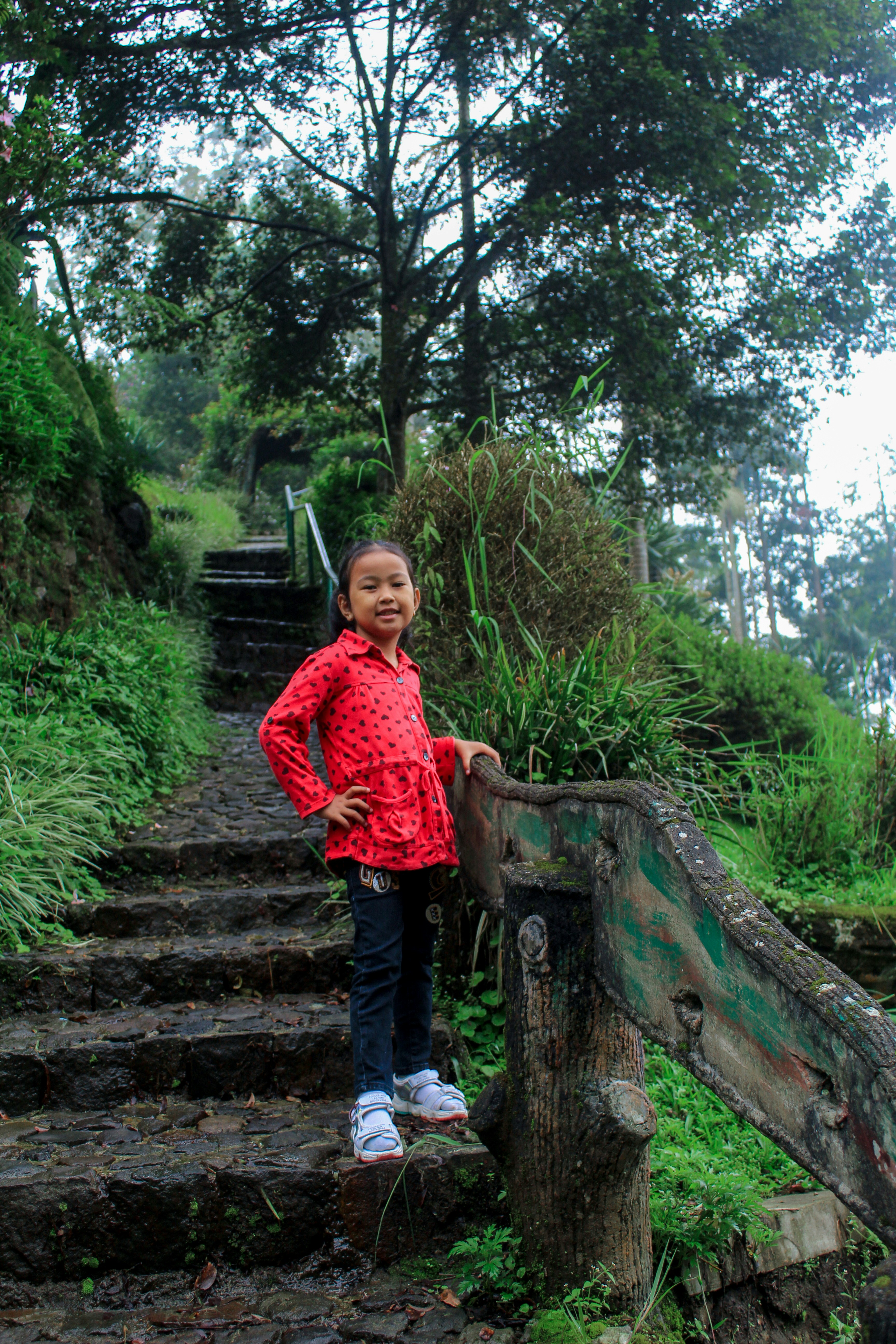 Child in a vibrant red shirt stands confidently on stone steps surrounded by lush greenery and misty atmosphere.