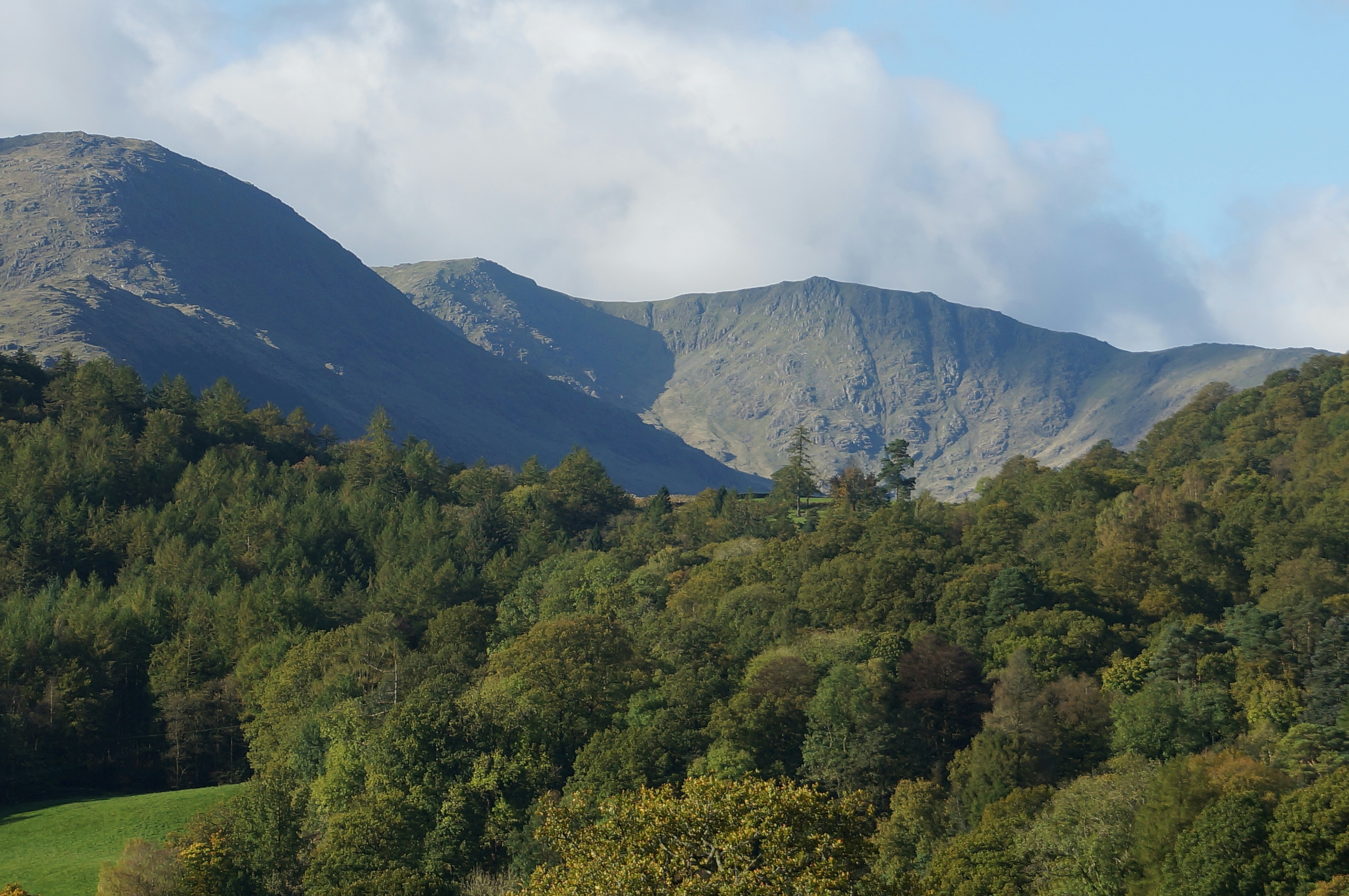 Distant Ridge Awakens: Sunlit Mountain Crest Above a Dense Forest