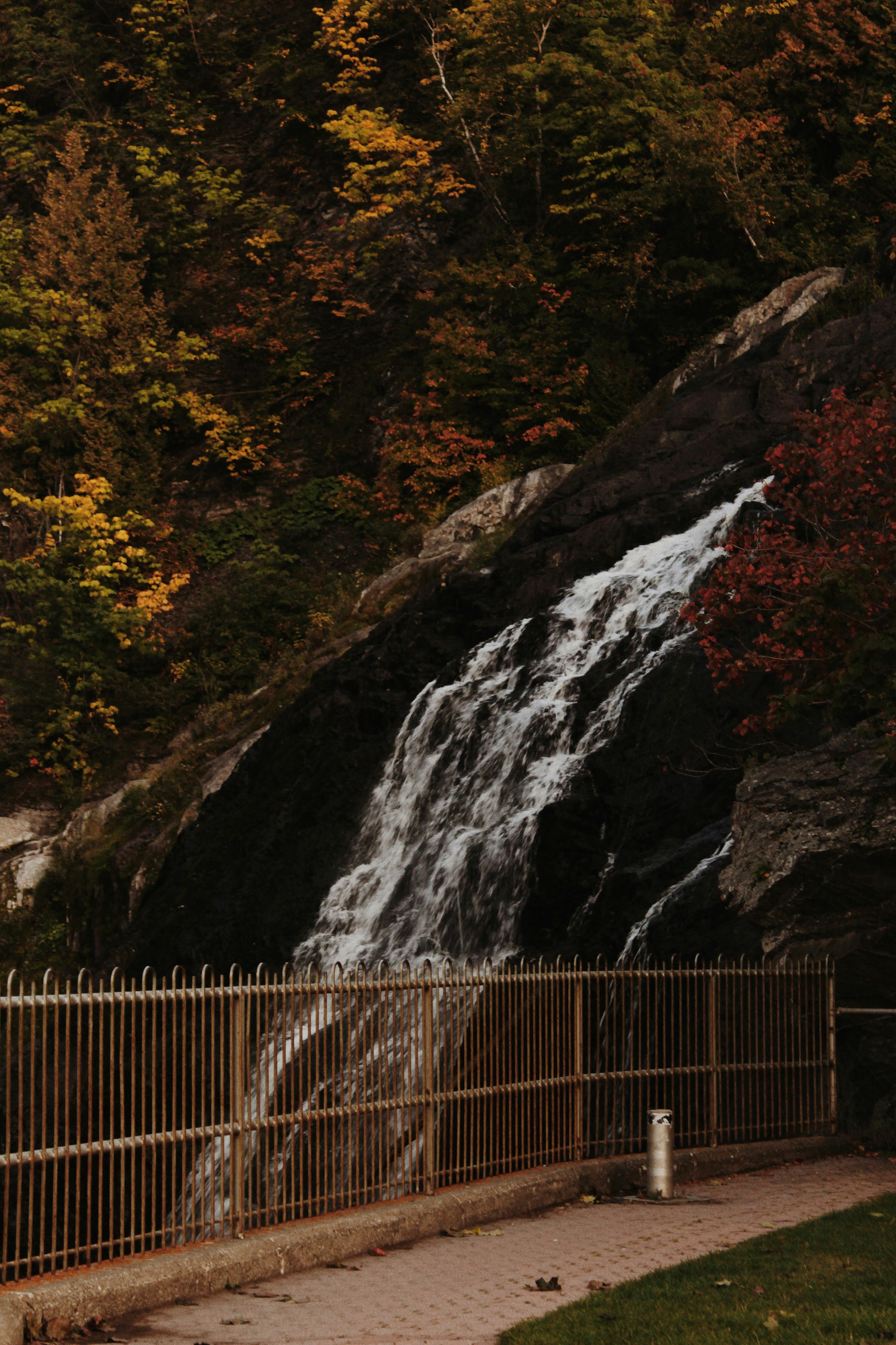 Autumn Cascade Framed by Foliage Along a Riverside Walkway