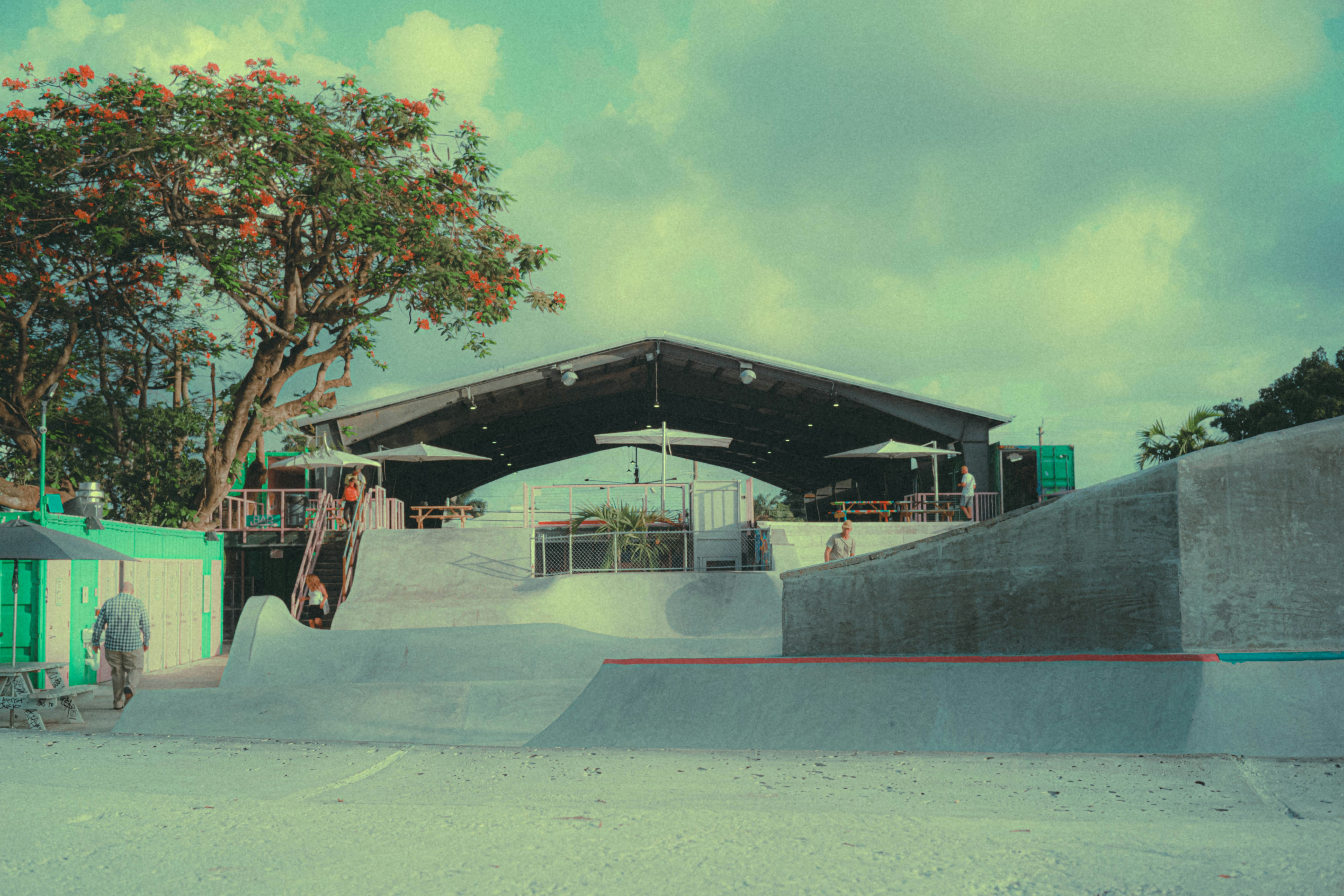 a skate park with a building