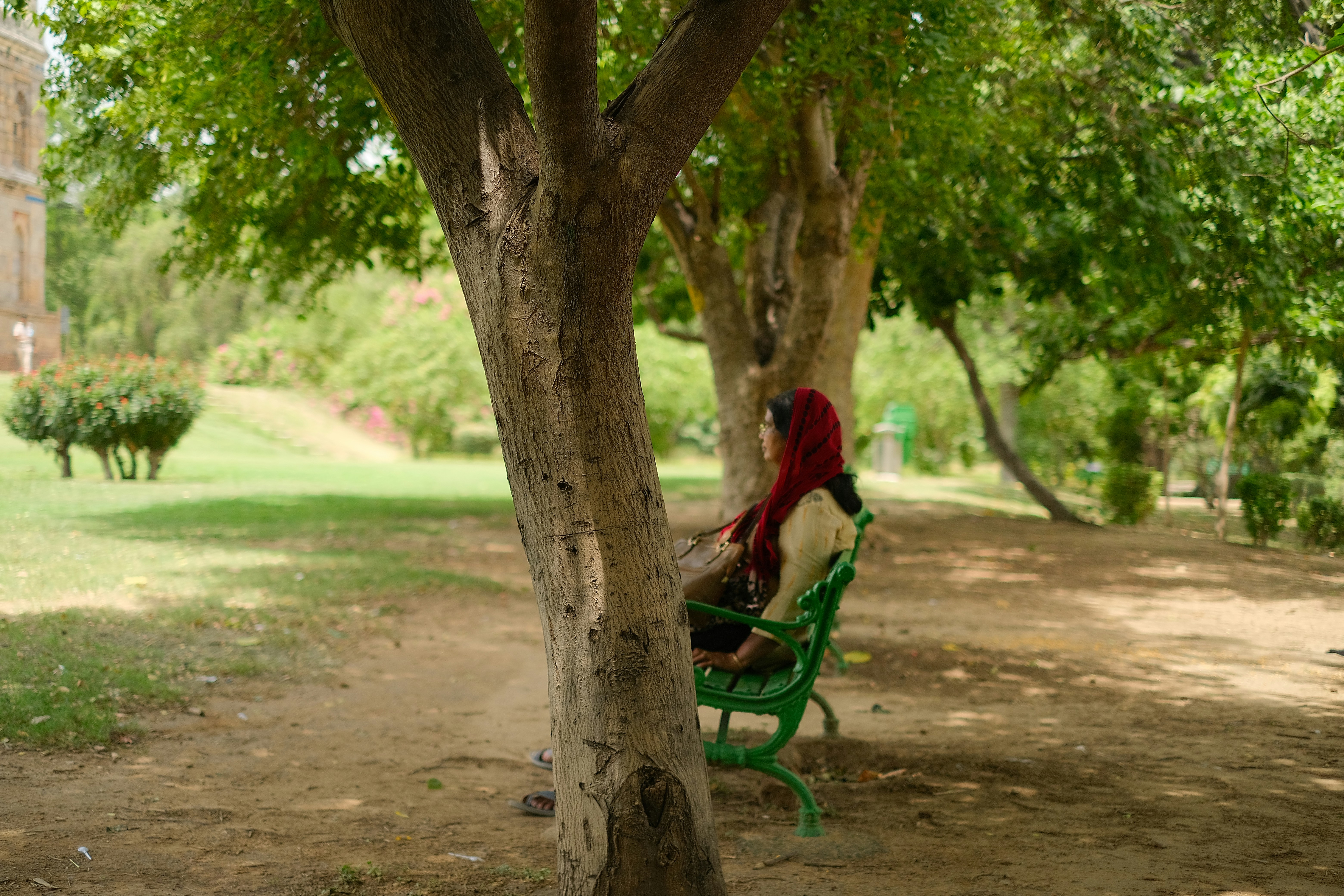 Red Scarf on a Green Park Bench: a Quiet Moment Under Dappled Shade