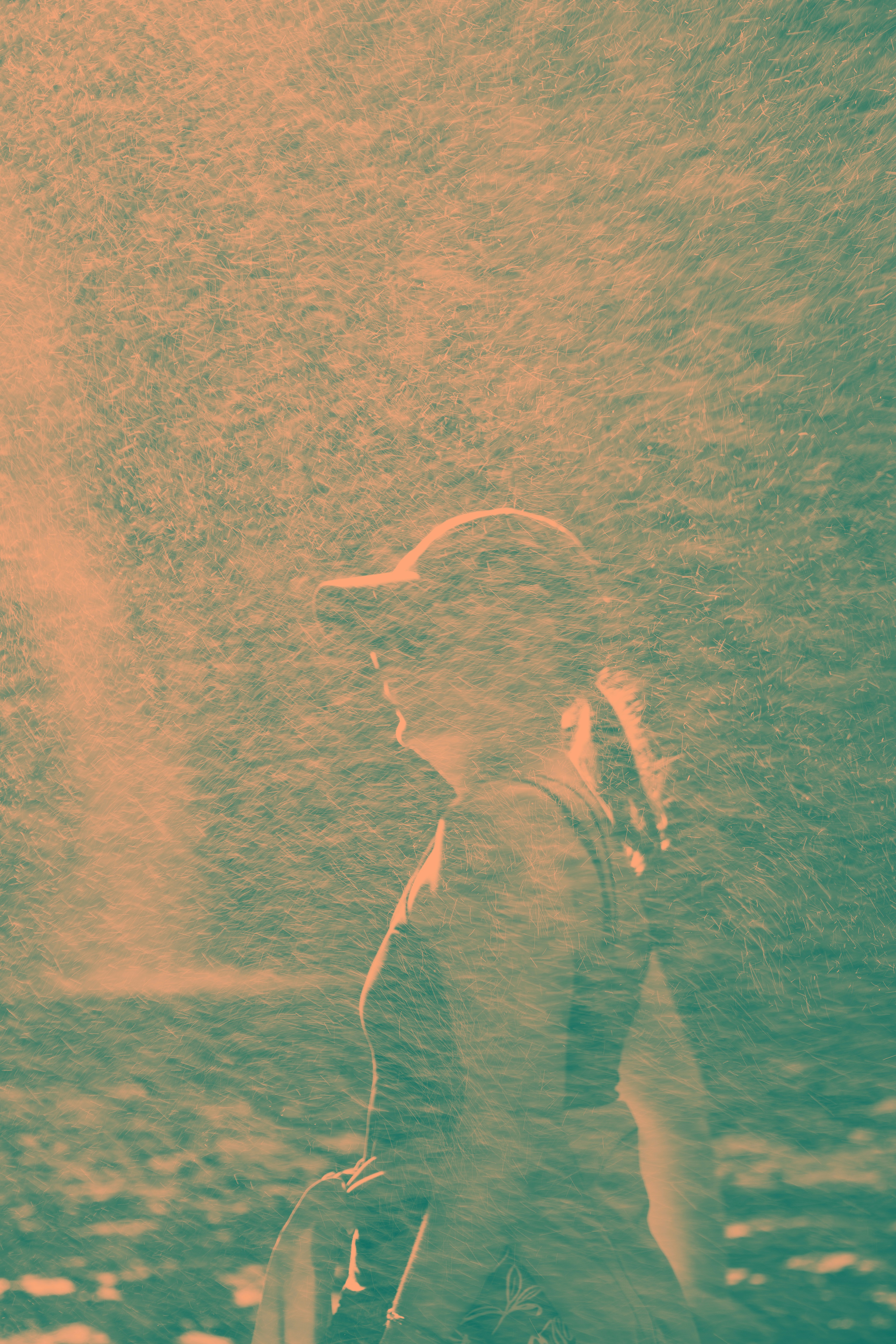 Silhouetted person standing in a shower of golden mist, creating an ethereal effect.