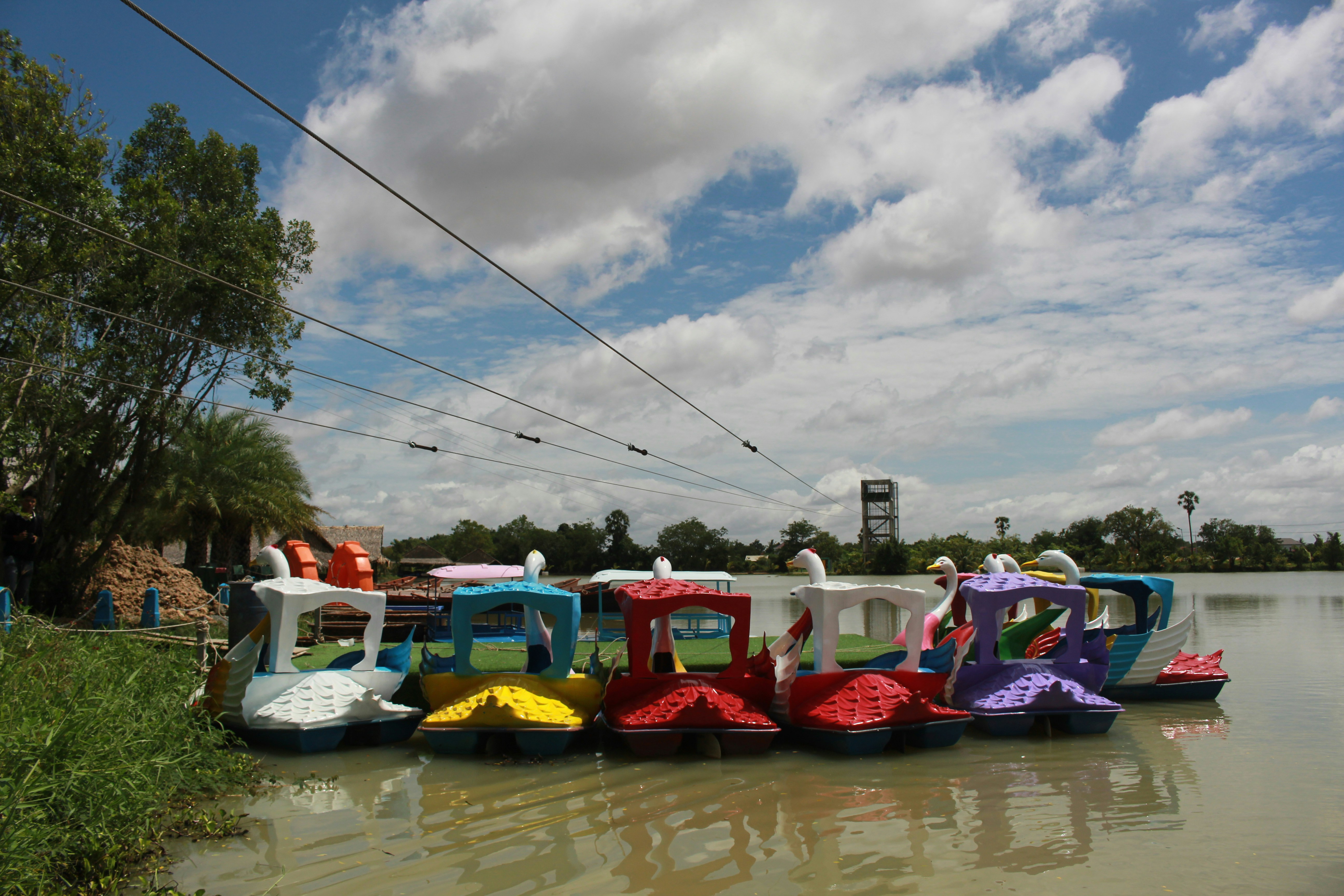 Vibrant Pedal-Boat Row by a Quiet Lakeside