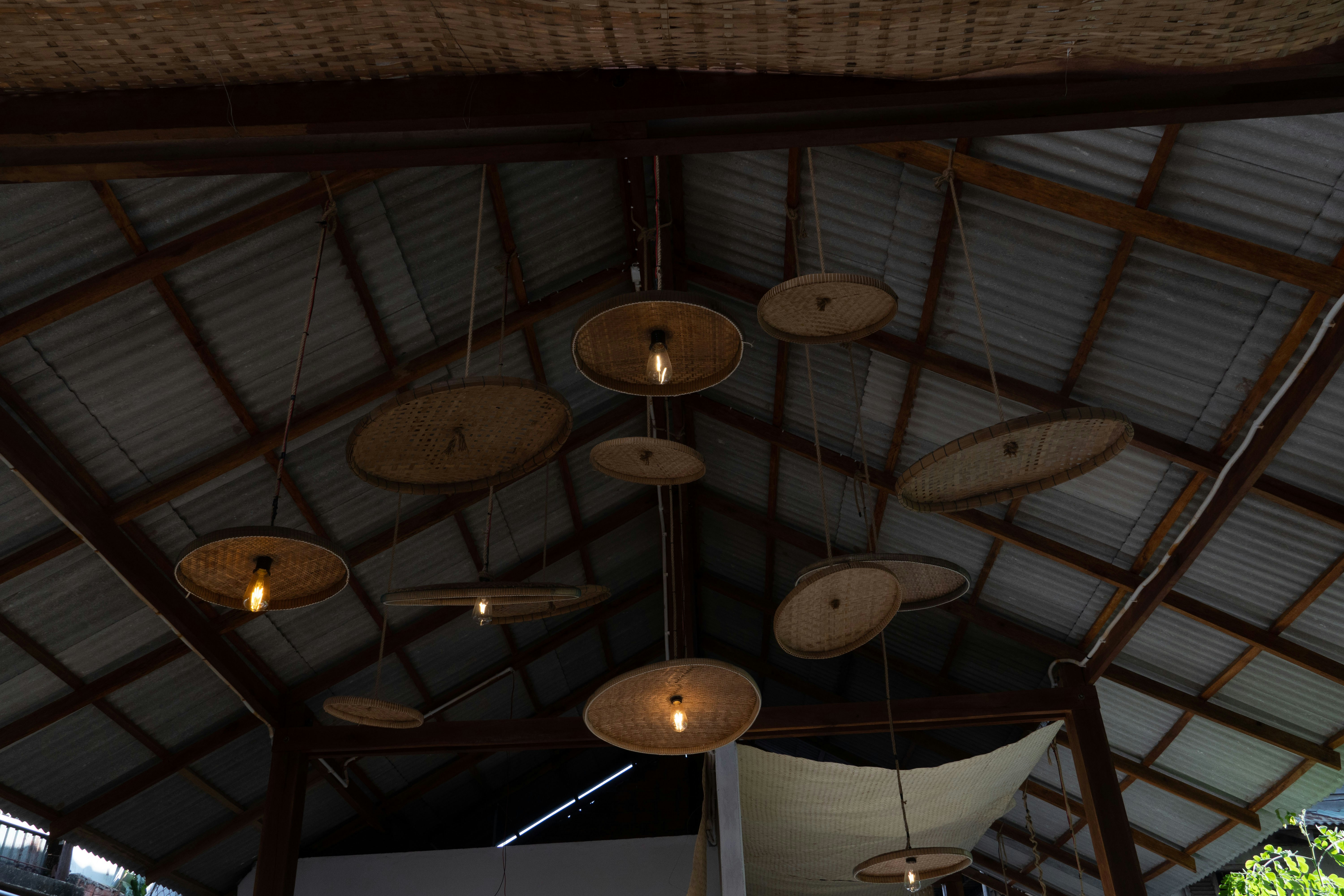 Circles of Light Under a Timber Roof Atrium