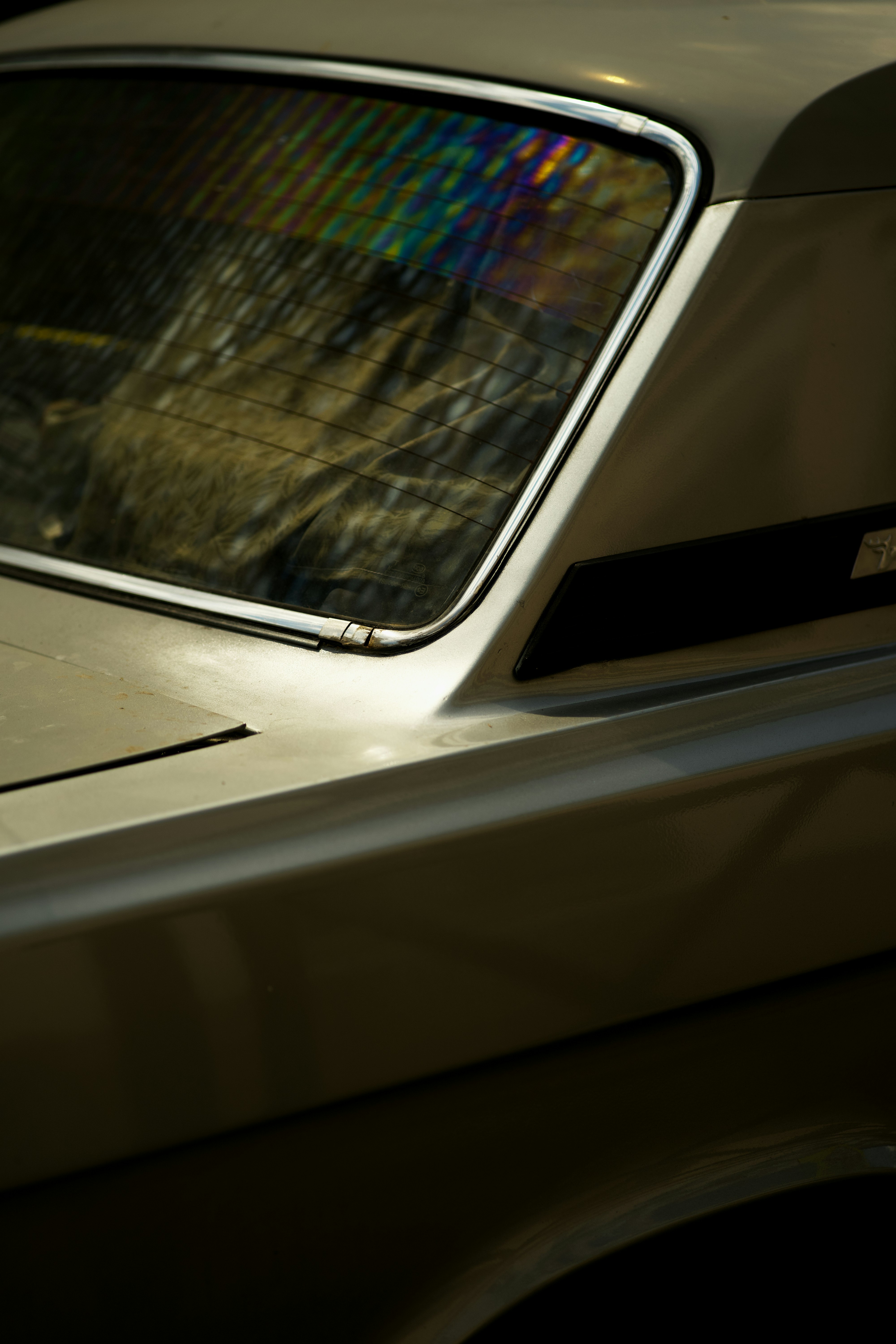Close-up of a vintage car's rear window, showcasing reflections and the sleek contours of its body. The interplay of light adds a nostalgic touch.