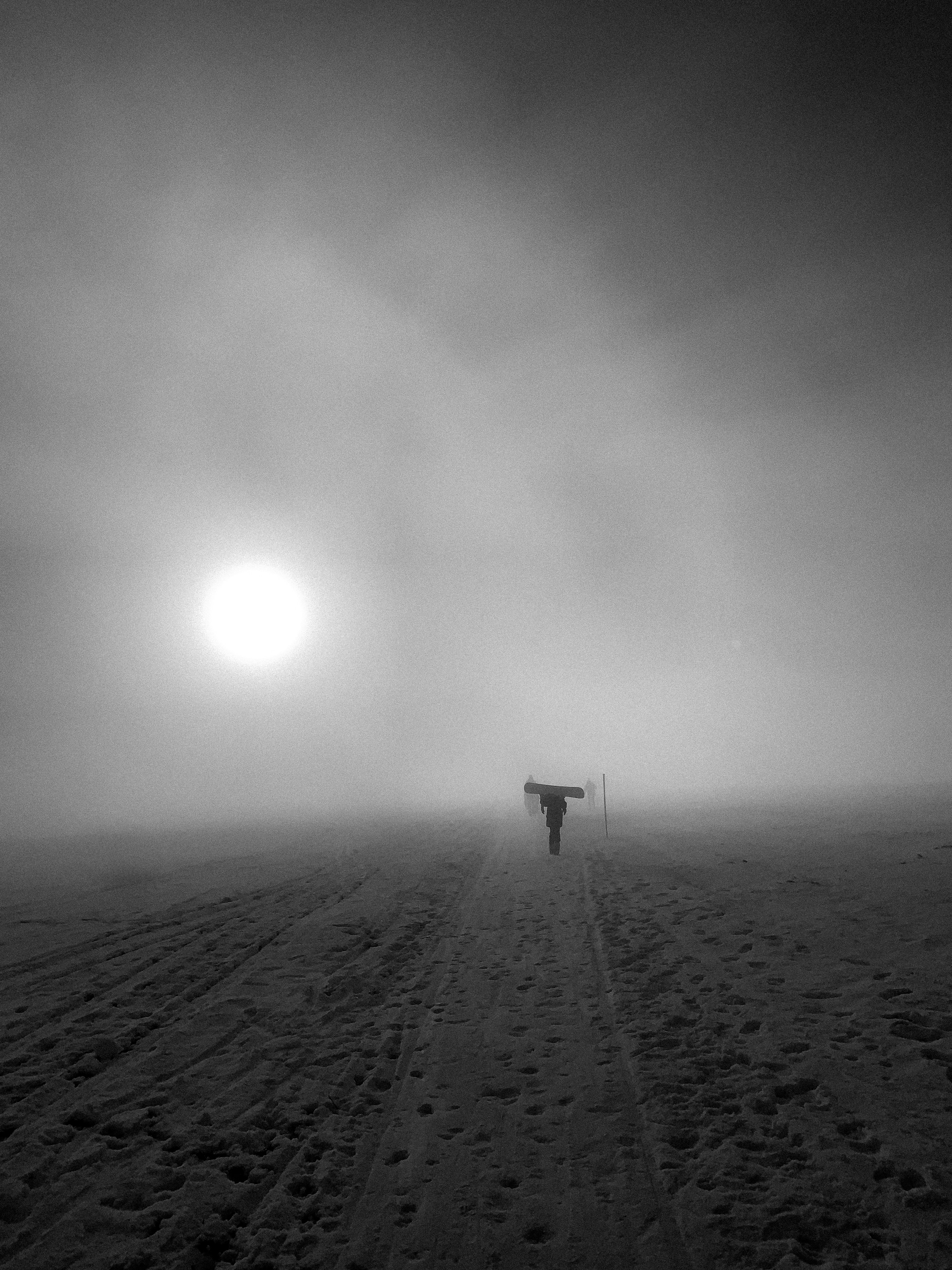 Lone Figure on a Snowy, Fog-Blanketed Beach