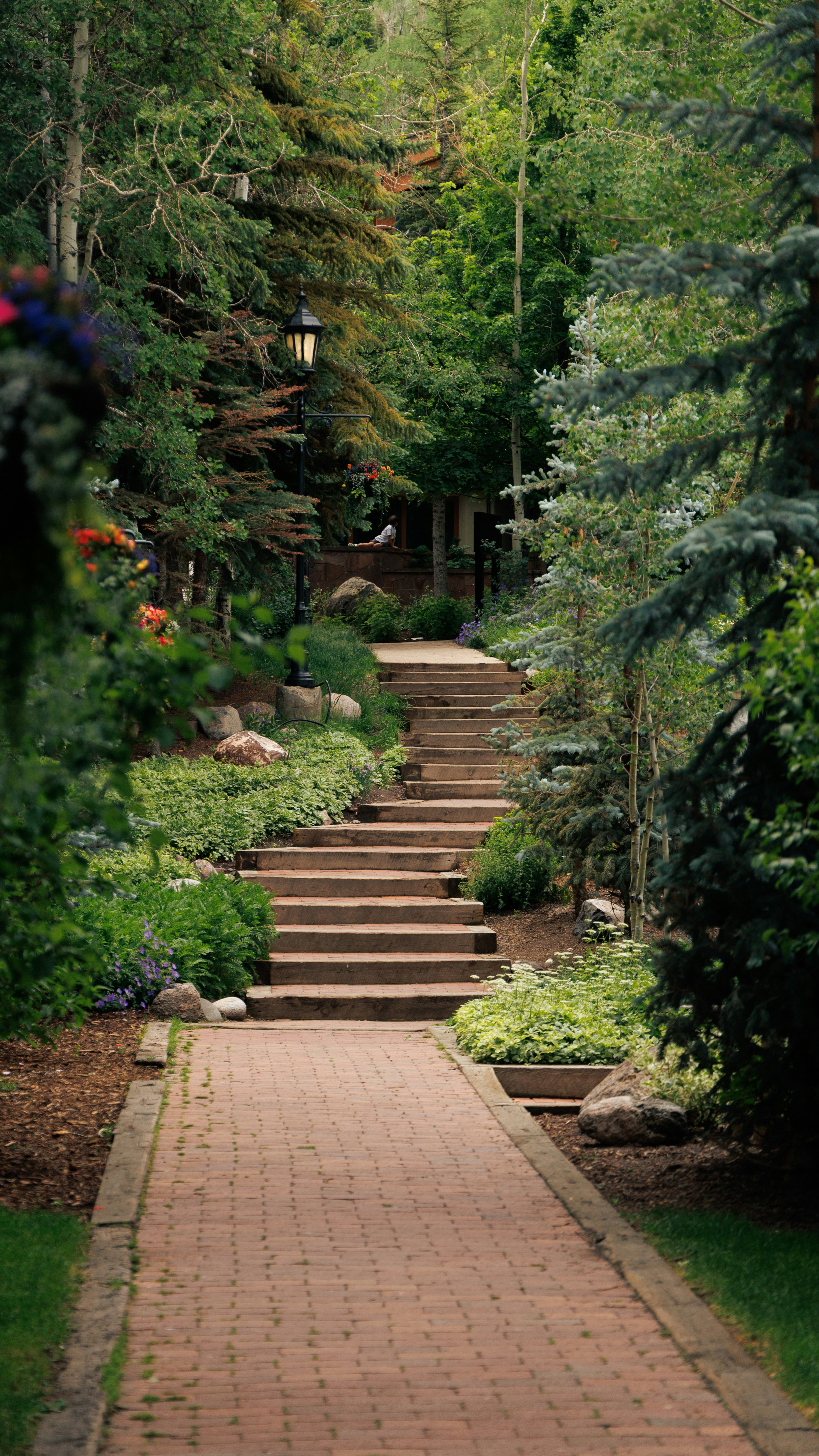 Brick Path through a Lush Garden Corridor