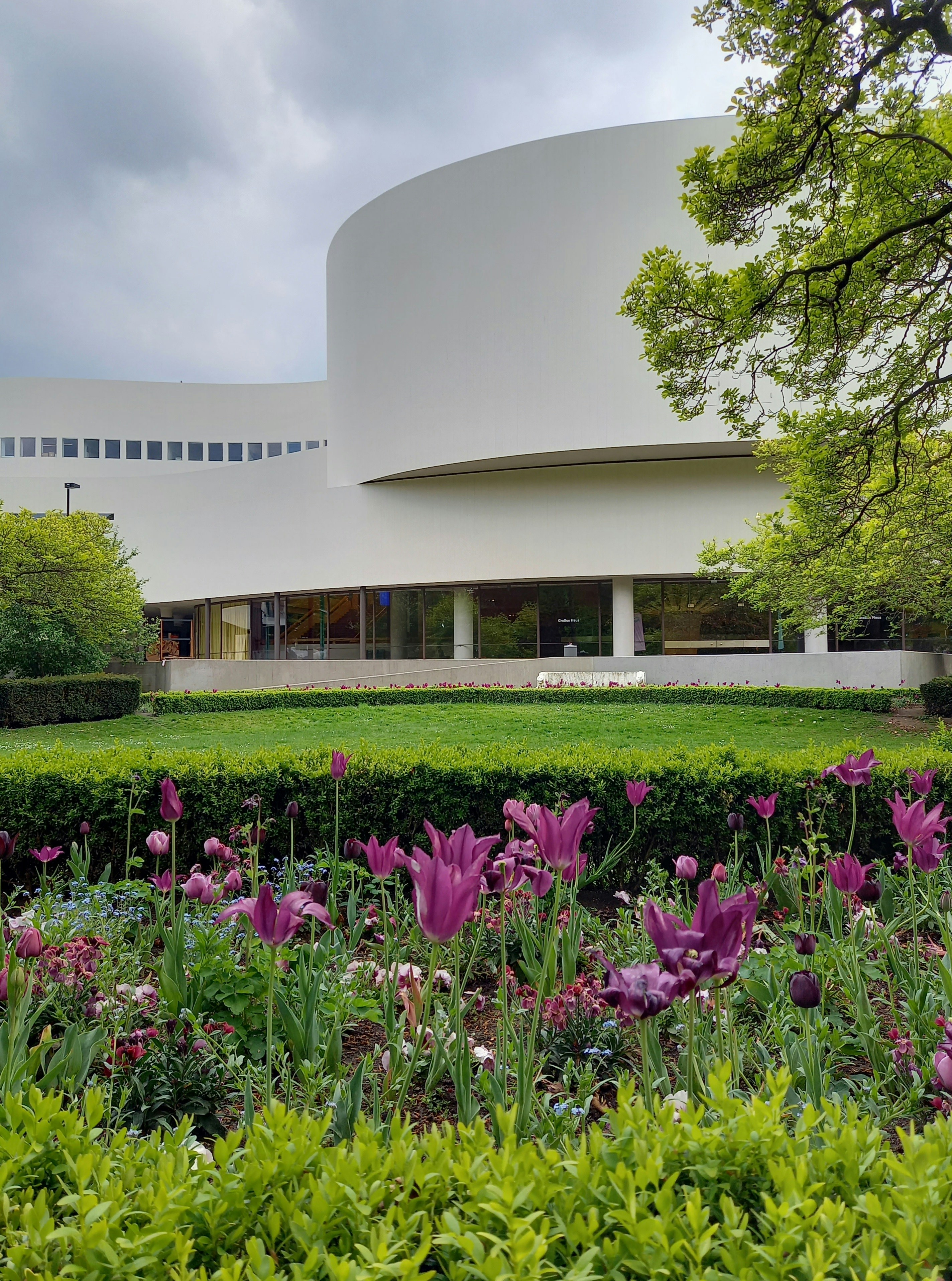 White curved modern pavilion rises behind a manicured garden bed. Pink tulips and trimmed hedges guide the eye toward the glass-front facade.