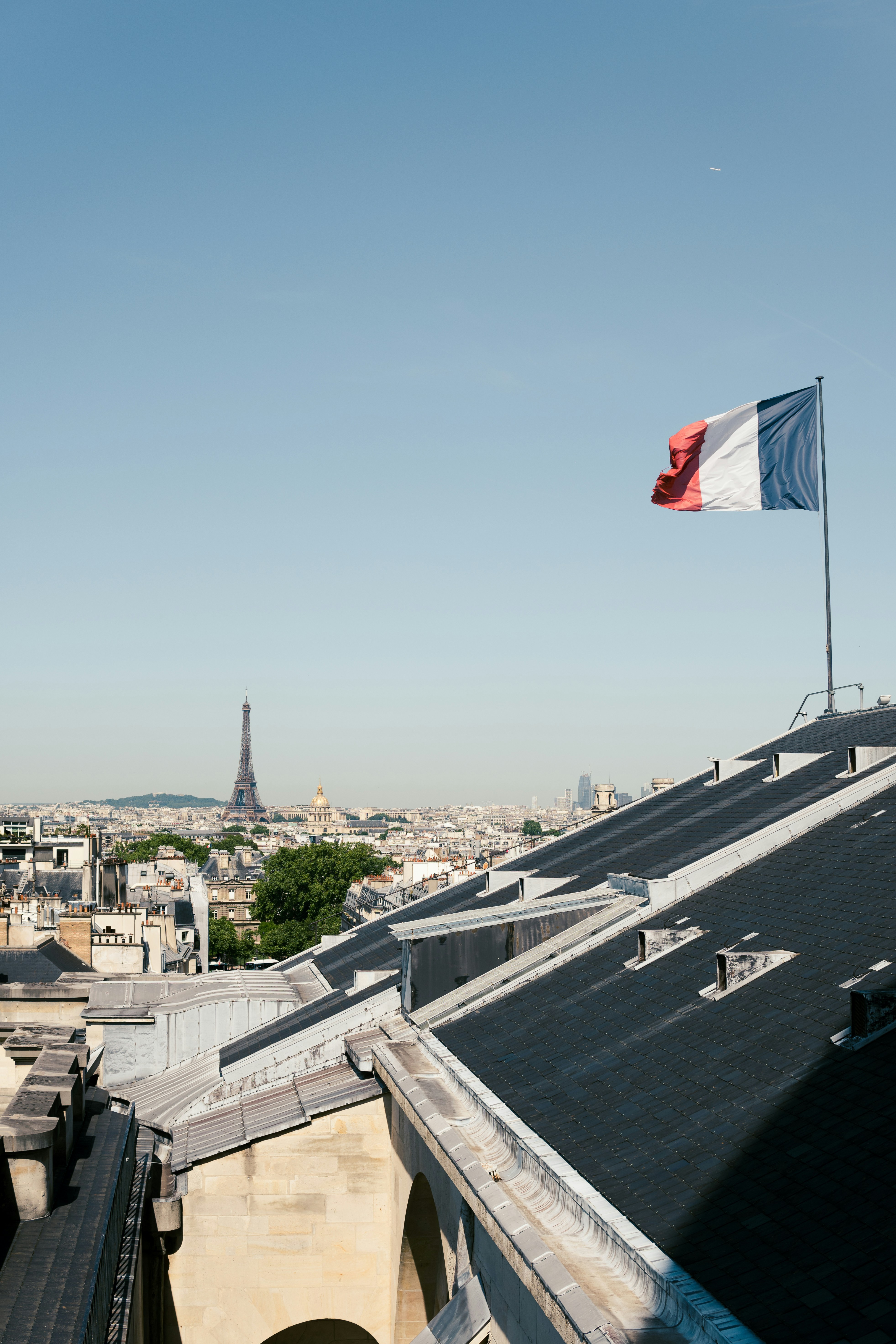 Flag over Parisian rooftops: a sunlit horizon framed by the Eiffel Tower