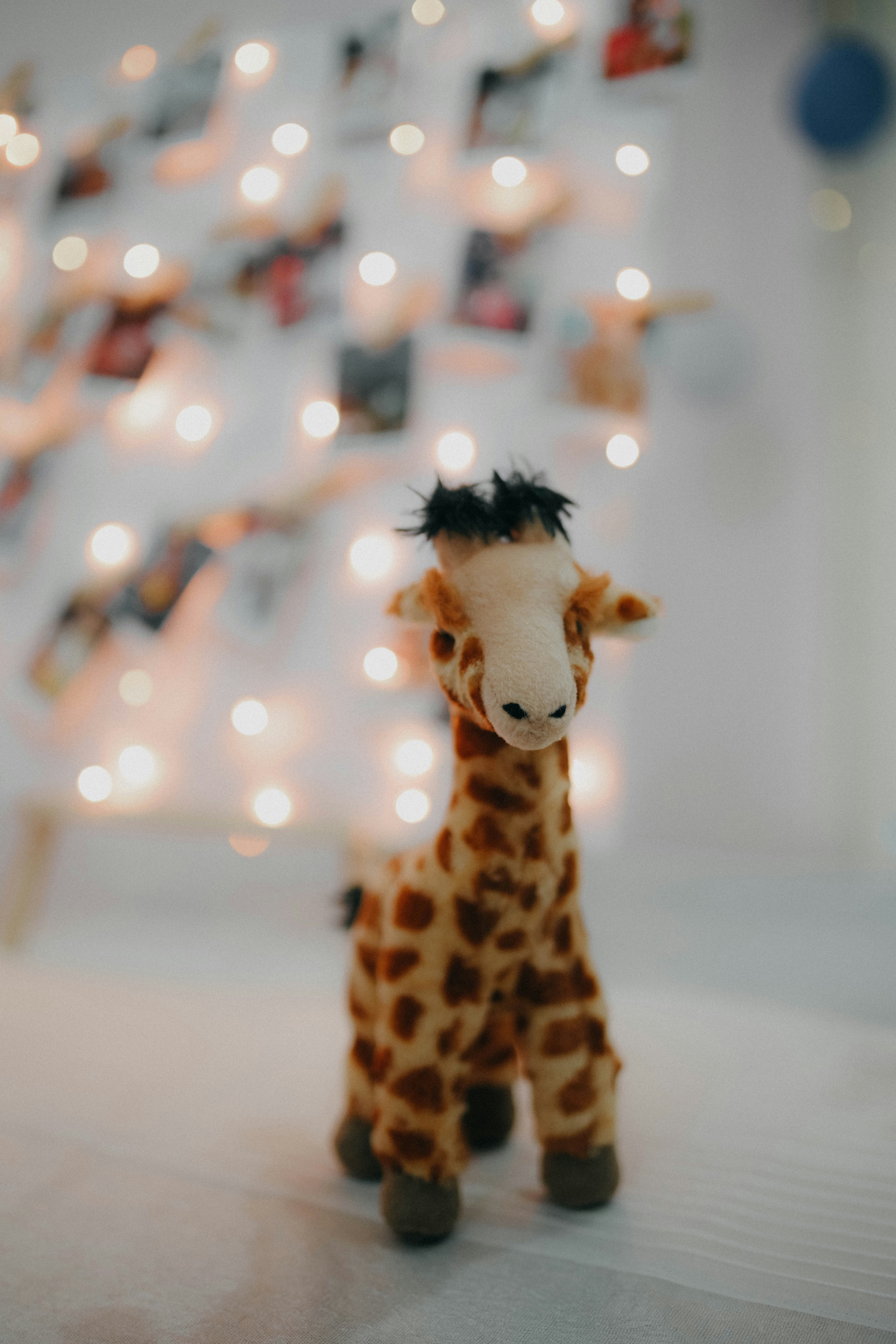 Giraffe in a Glow: a Soft Toy Stands under a Wall of Lights
