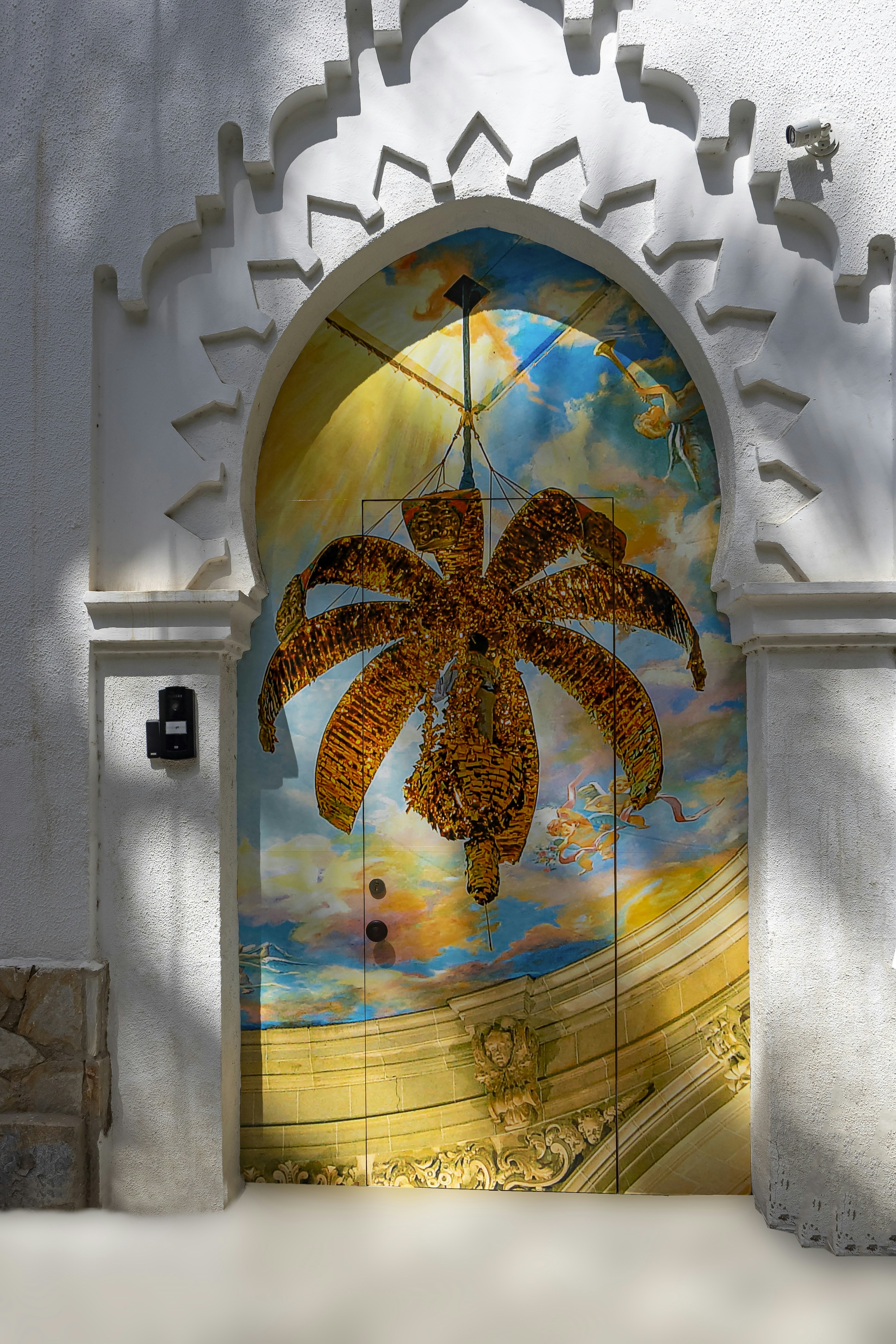 Doorway to a Sunset Palm: A Painted Gate with Radiant Sky