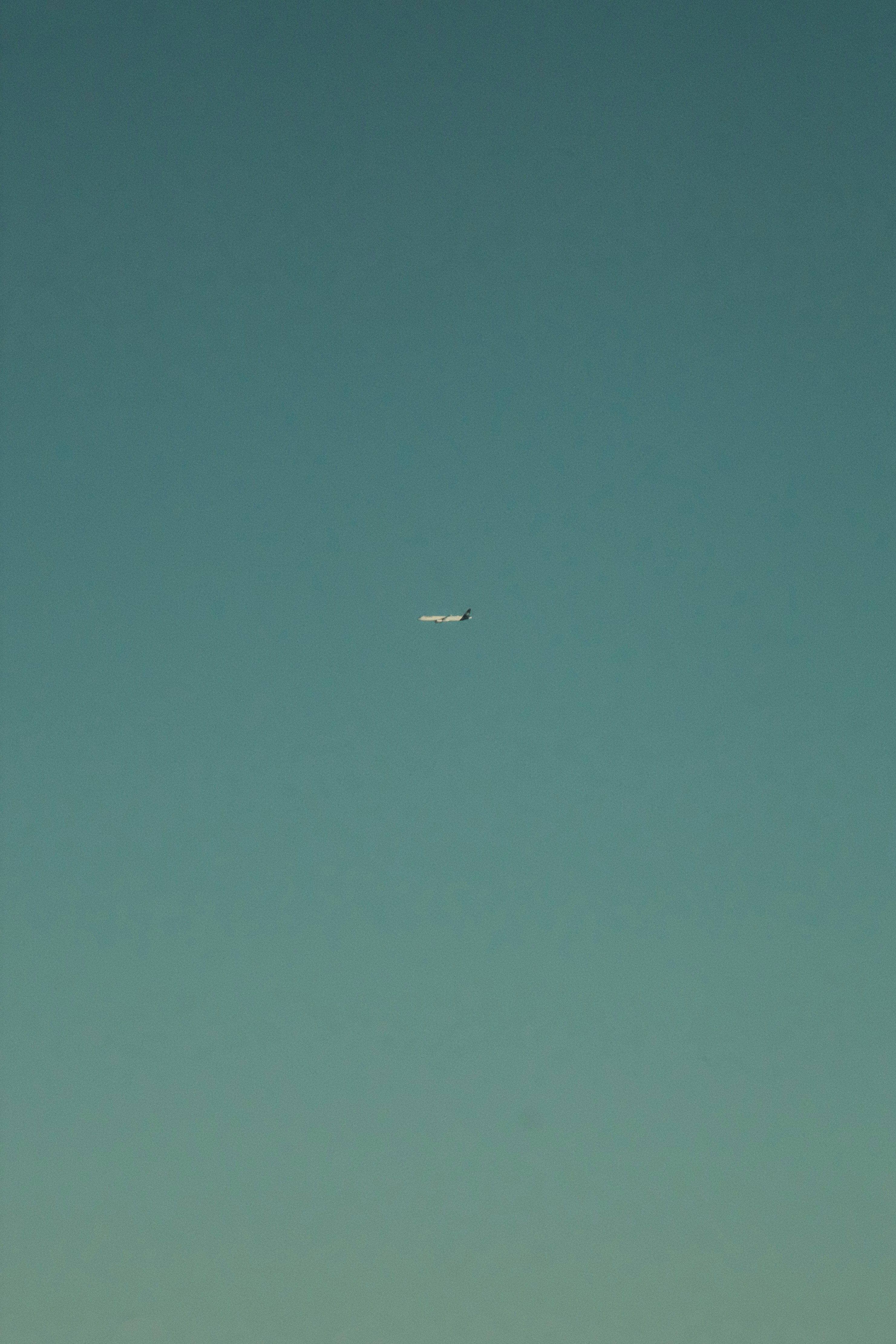 An airplane gliding gracefully through a clear blue sky, emphasizing the vastness above. The scene captures the essence of travel and freedom.