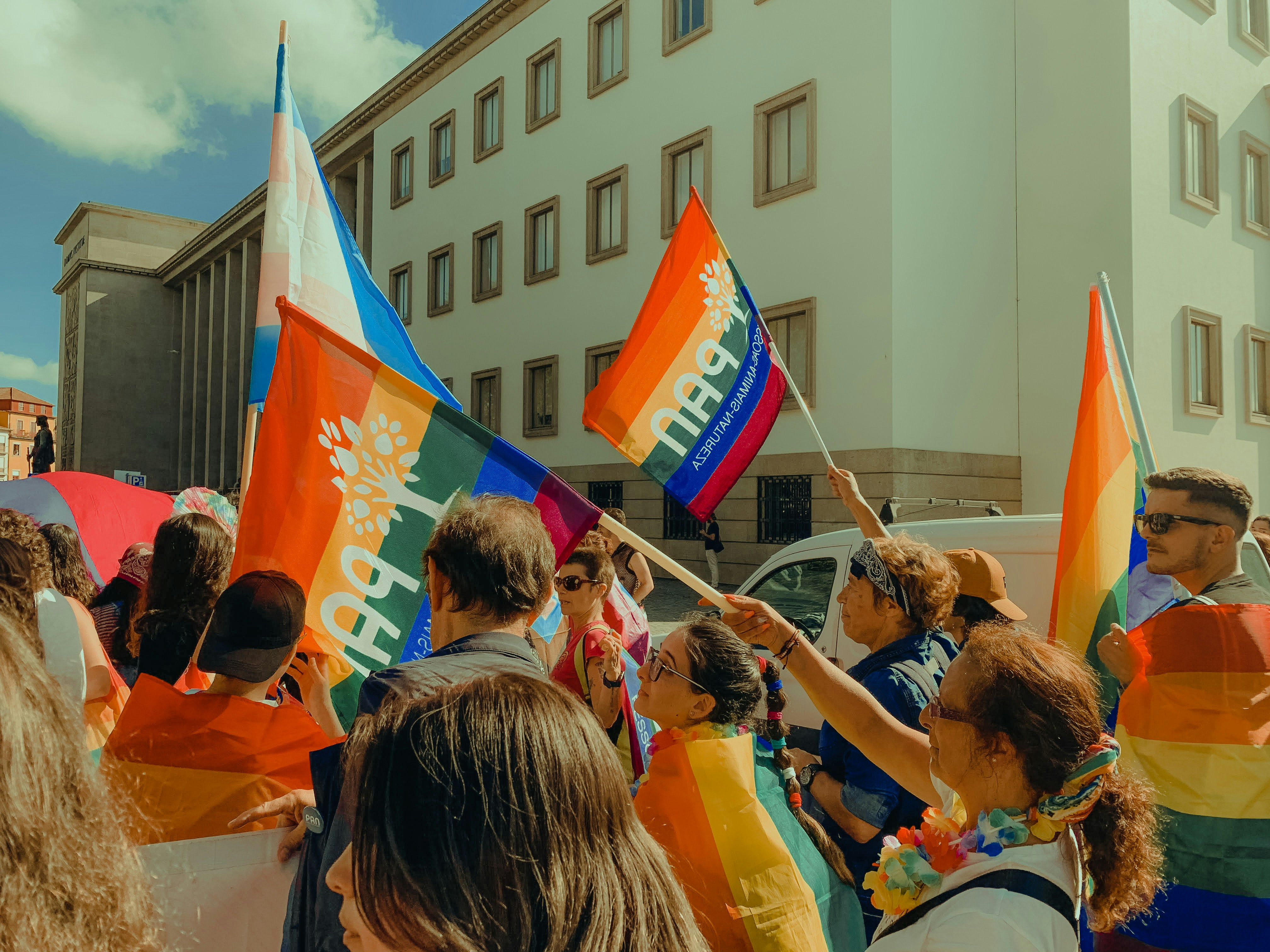 Crowd waving colorful flags during a pride parade, showcasing vibrant expressions of identity and solidarity.
