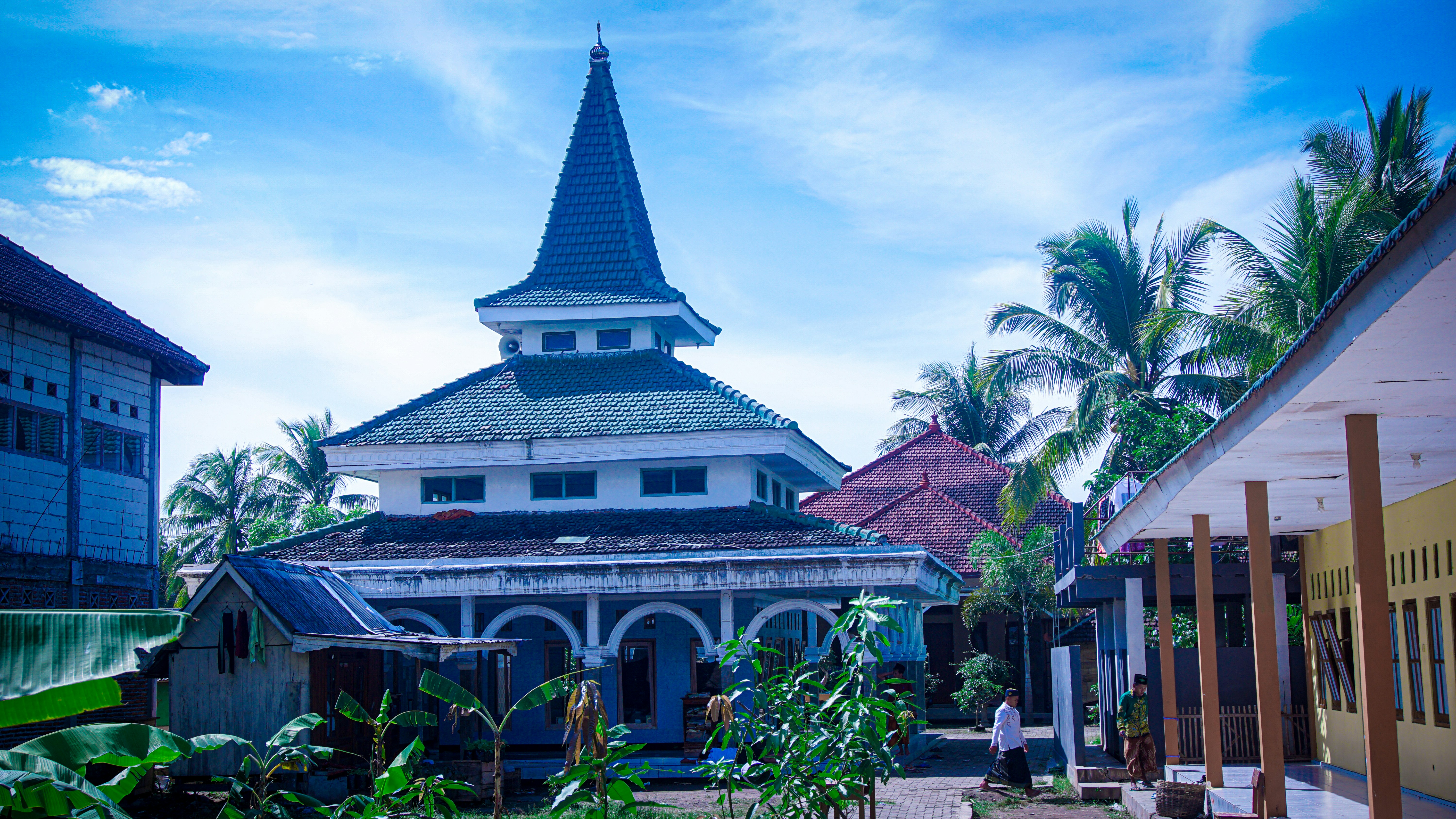 Traditional building with a pointed roof surrounded by tropical plants and palm trees under a bright blue sky.