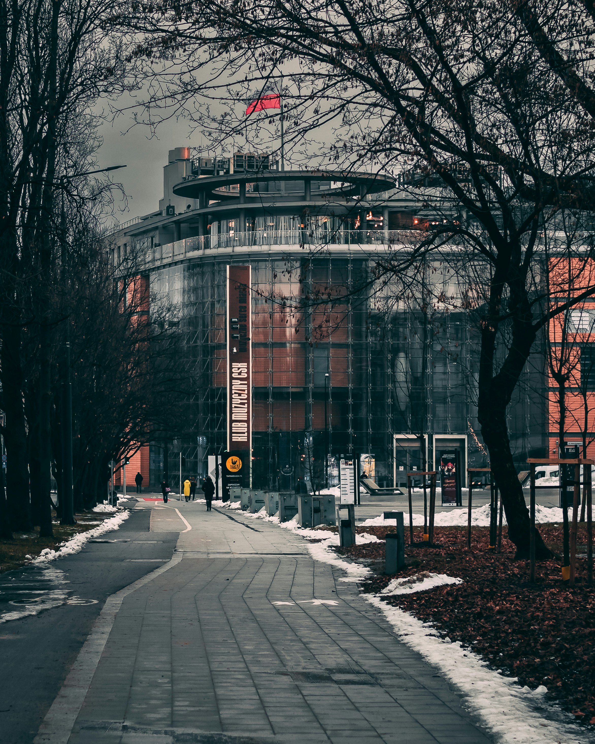Snow-Dusted Walkway Toward a Glass-Front Cultural Center