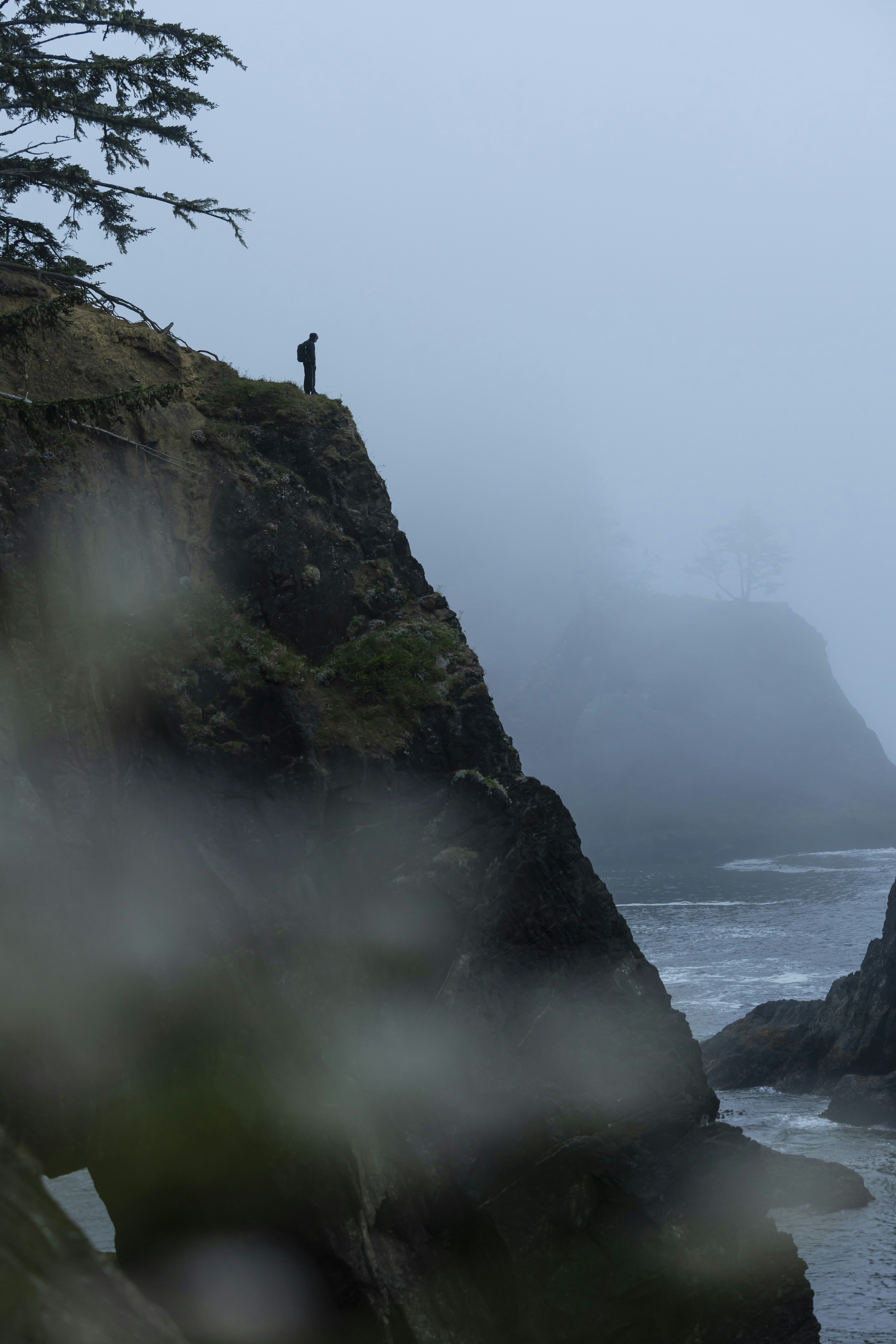 A Lone Figure Gaze Over Morning Mist at Cliff's Edge