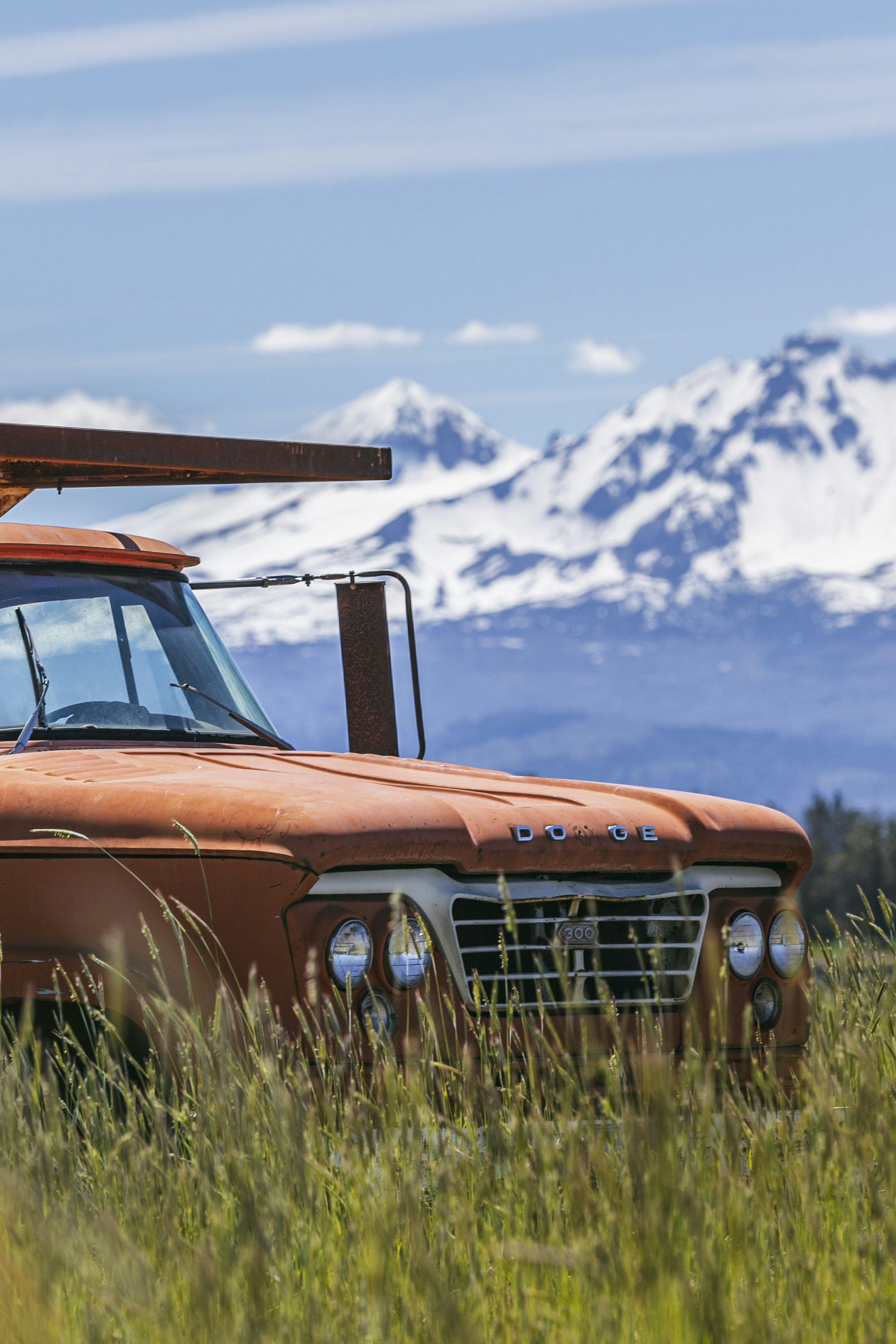 Rusty orange behemoth in a field of tall grass against snow-capped peaks