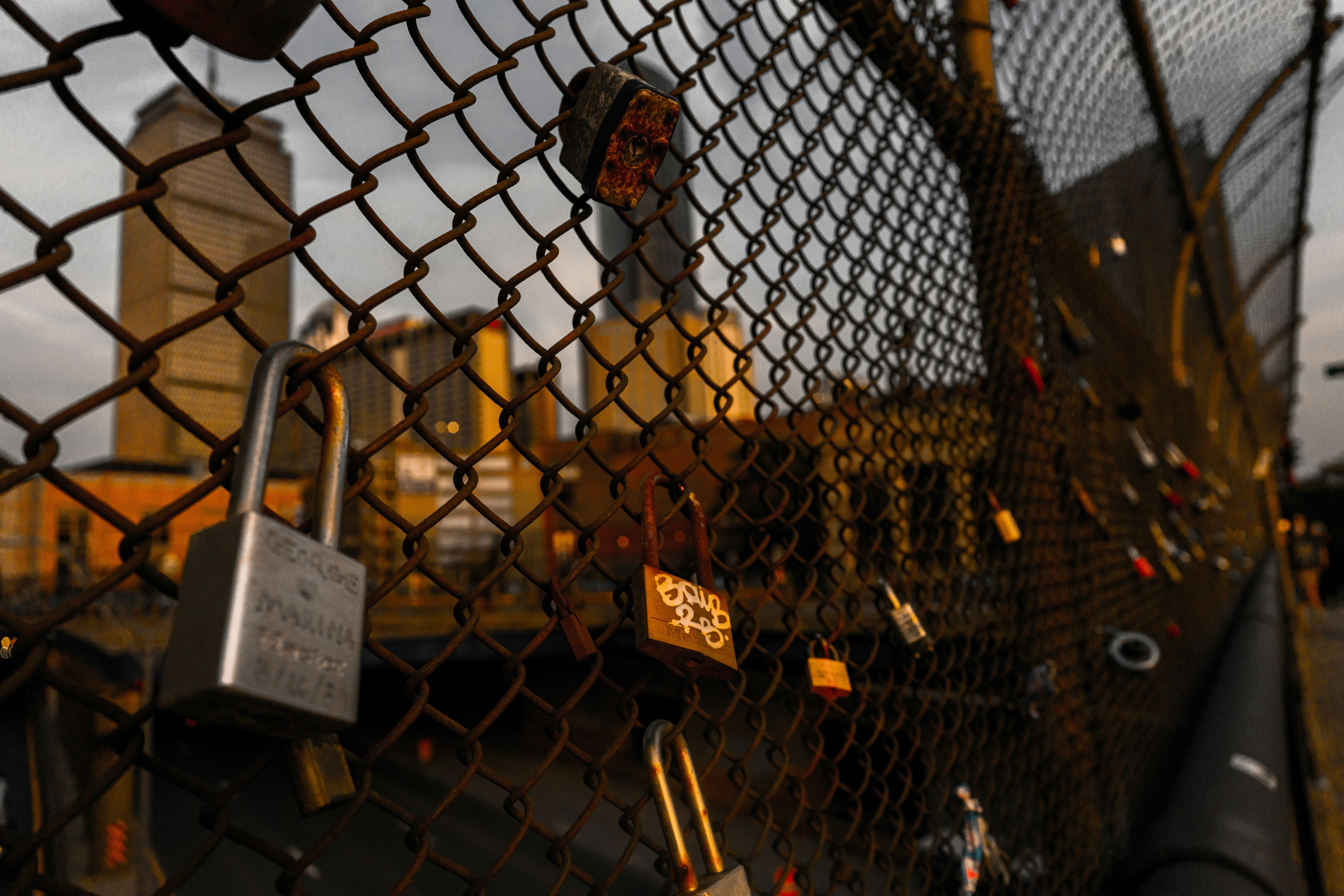 Locked in Rust: a Close-Up of Padlocks and Chain-Link on a Dusk-Glow Fence