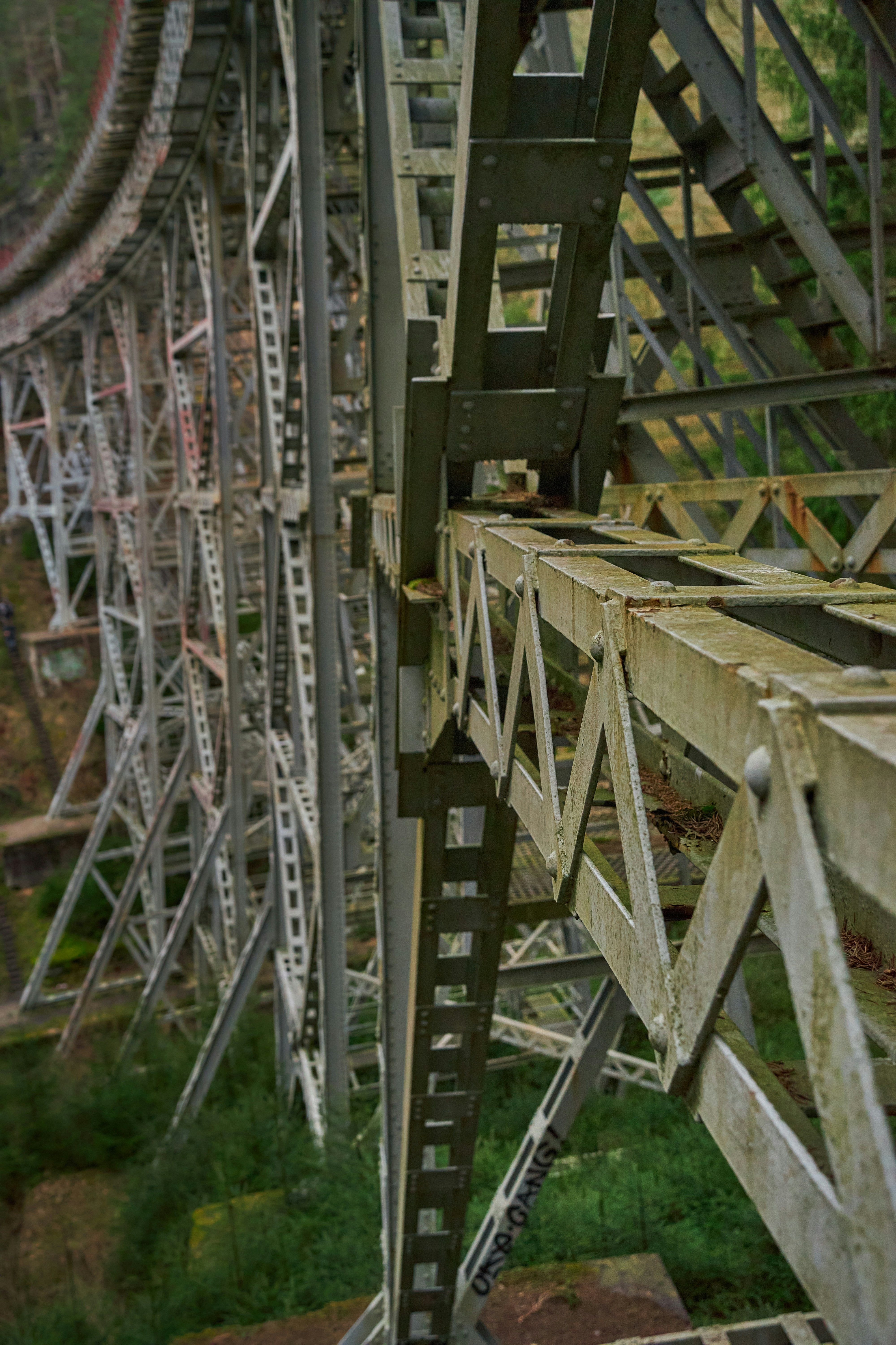 Weathered metal beams of an abandoned railway bridge curve through a lush green landscape, showcasing nature's reclaiming touch.