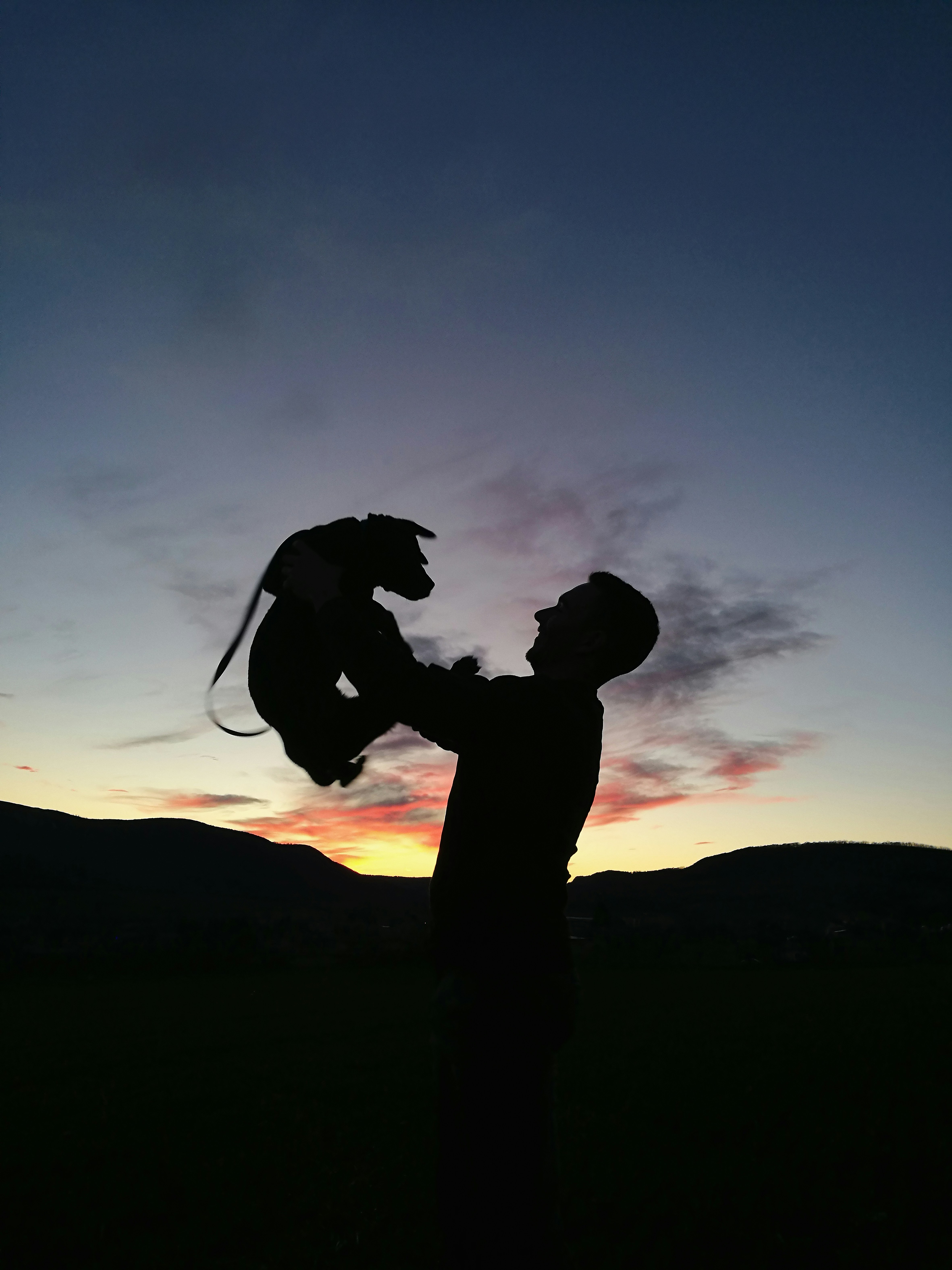 Silhouette photograph of a man lifting a dog against a colorful sunset, with distant hills on the horizon.
