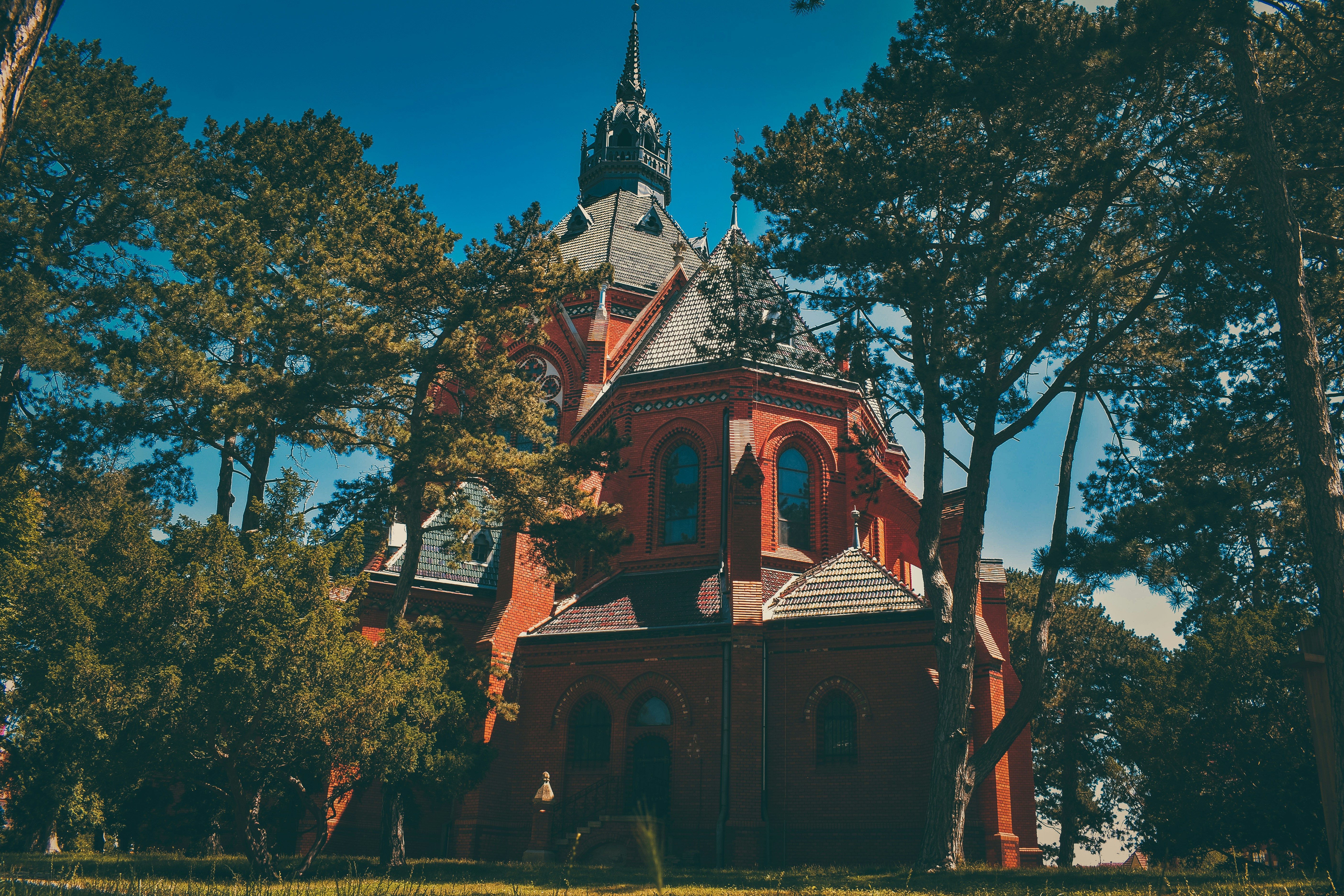 A striking red chapel nestled among towering trees, showcasing intricate architectural details under a clear blue sky.