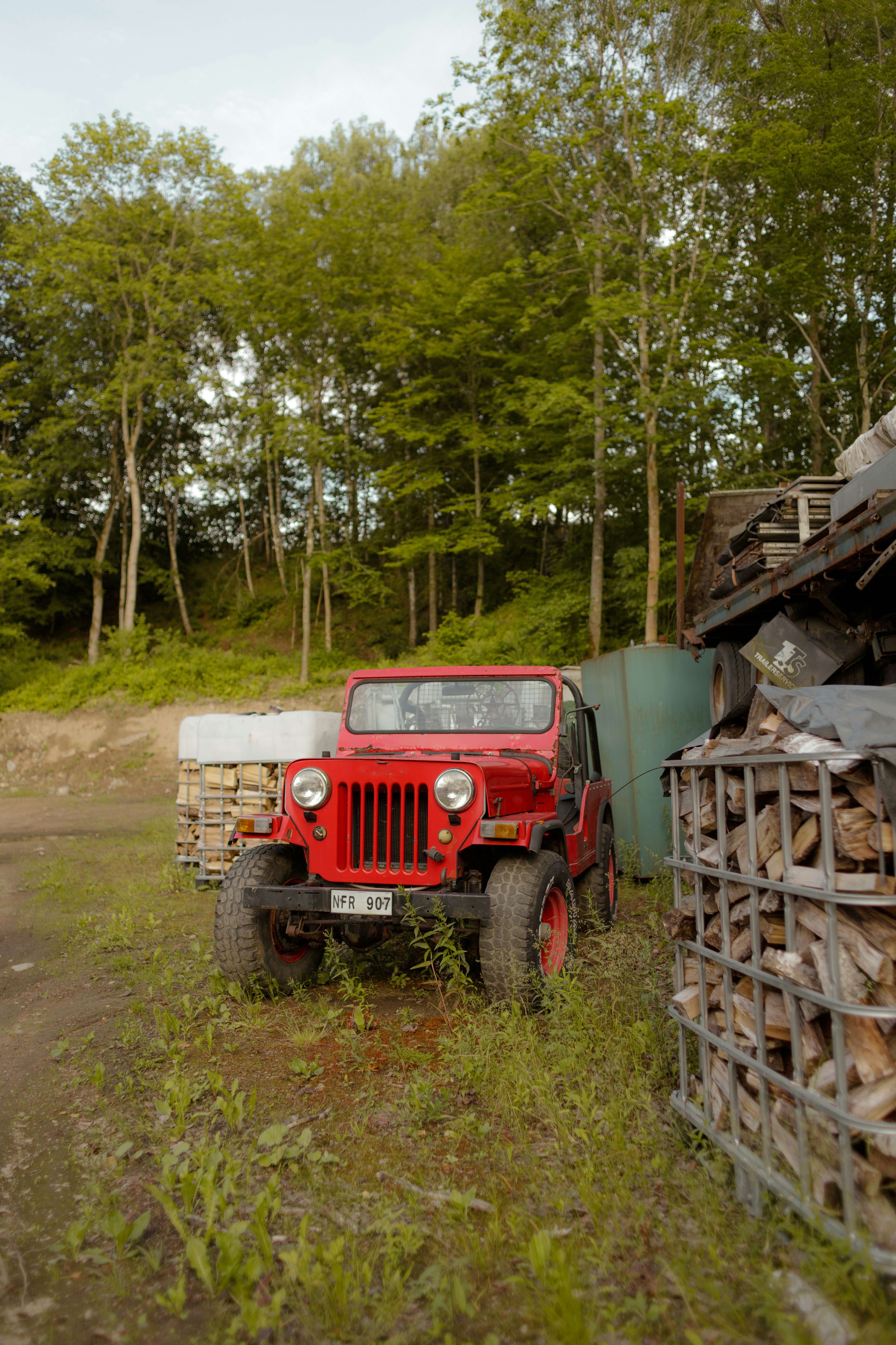 Red Jeep in a Quiet Lumber Yard Framed by Green Canopy