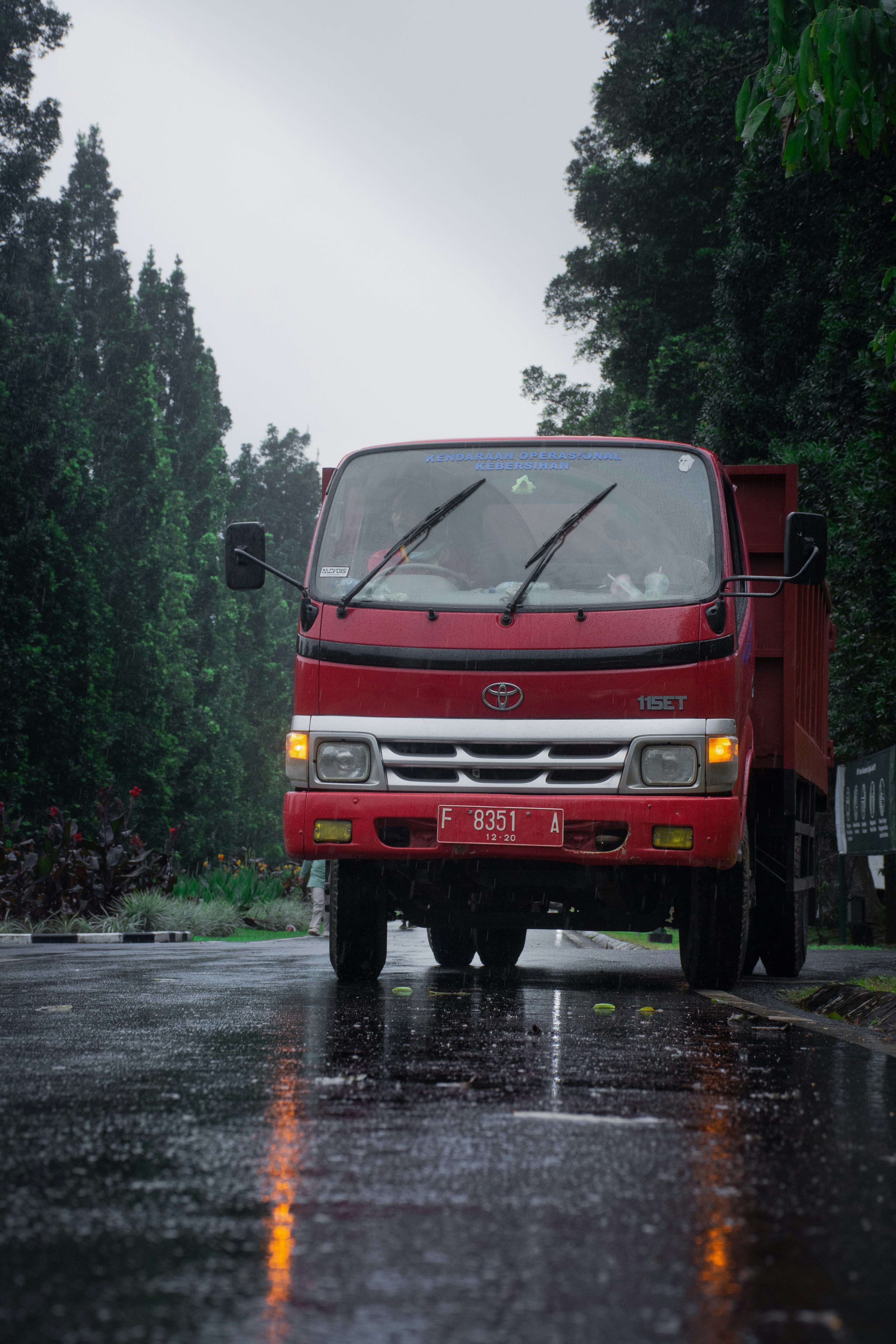 Scarlet Dump Truck on a Rain-Slick Road, Framed by Lush Trees