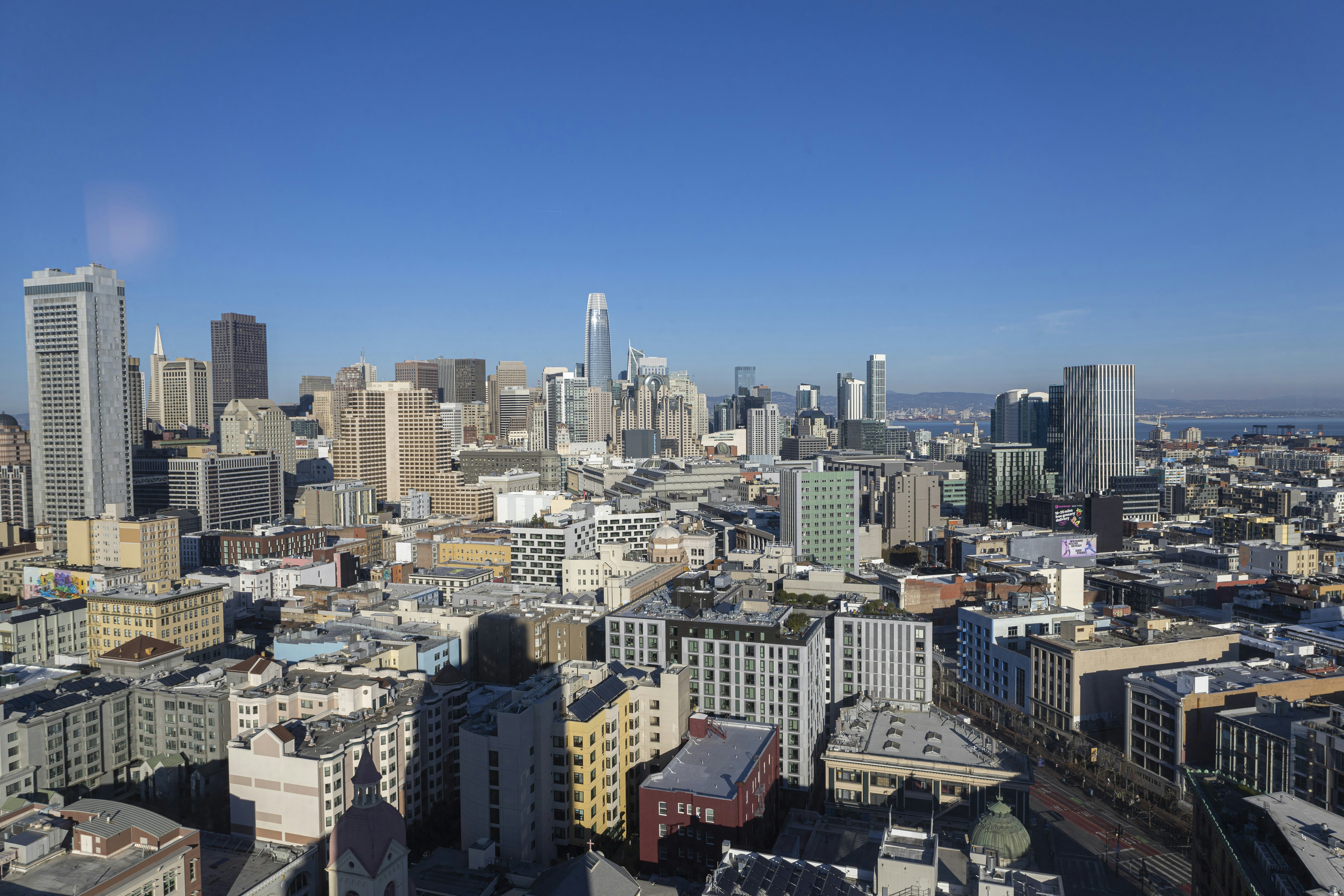 San Francisco skyline viewed from the top of the UC Hastings College of the Law McAllister Tower Apartment building. 