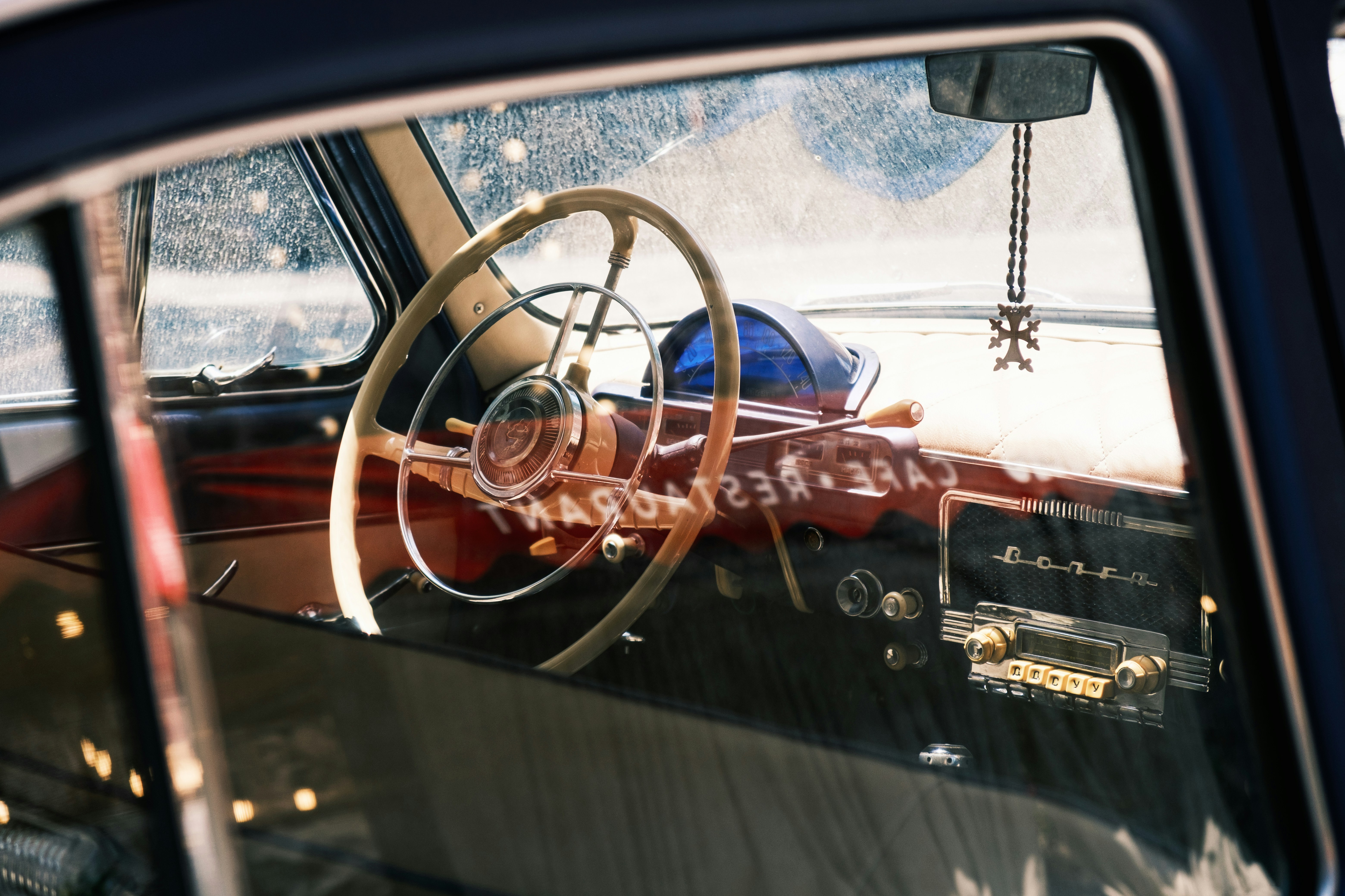 a car with a steering wheel