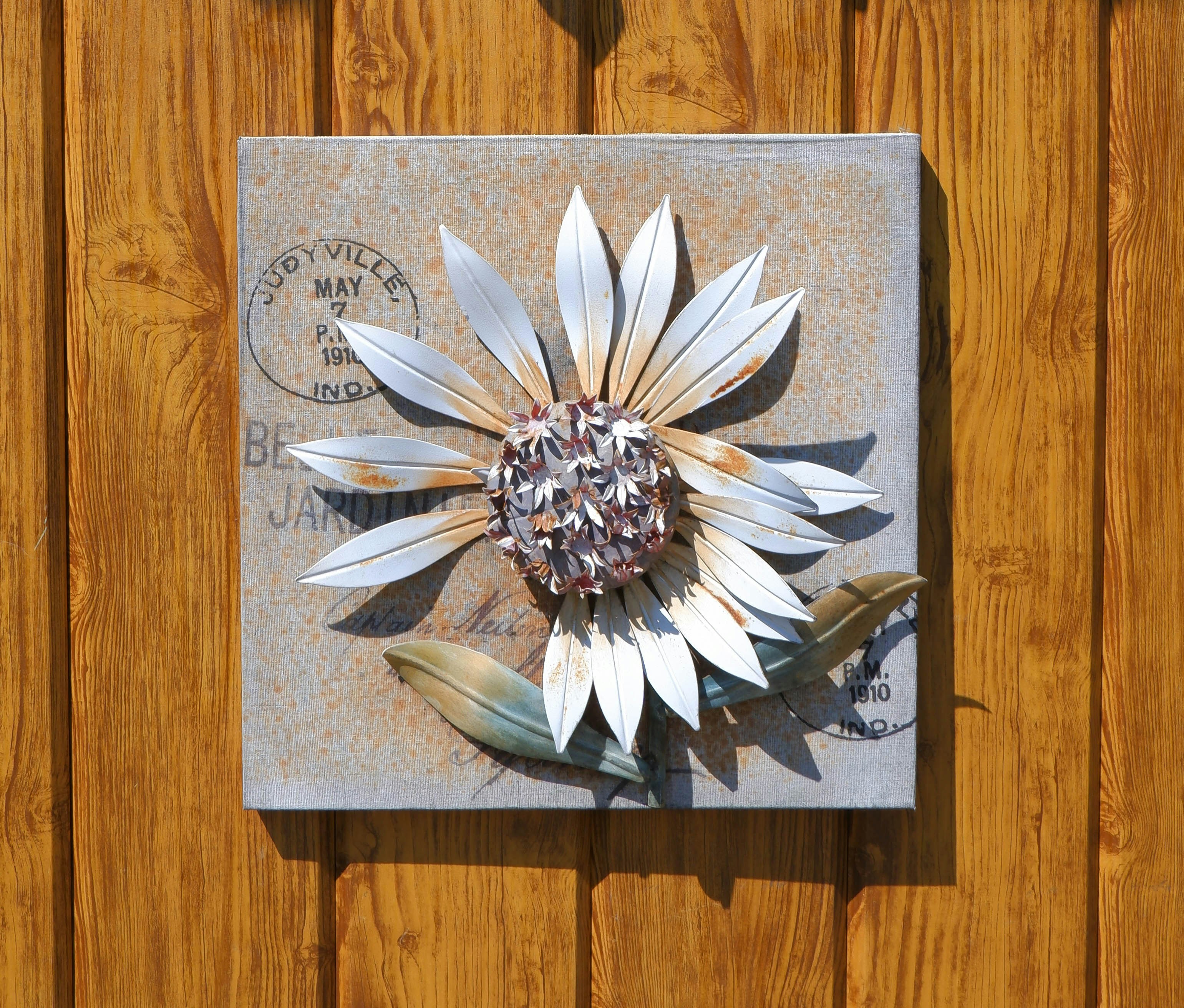 Sunlit Metal Blossom on a Cedar Screen