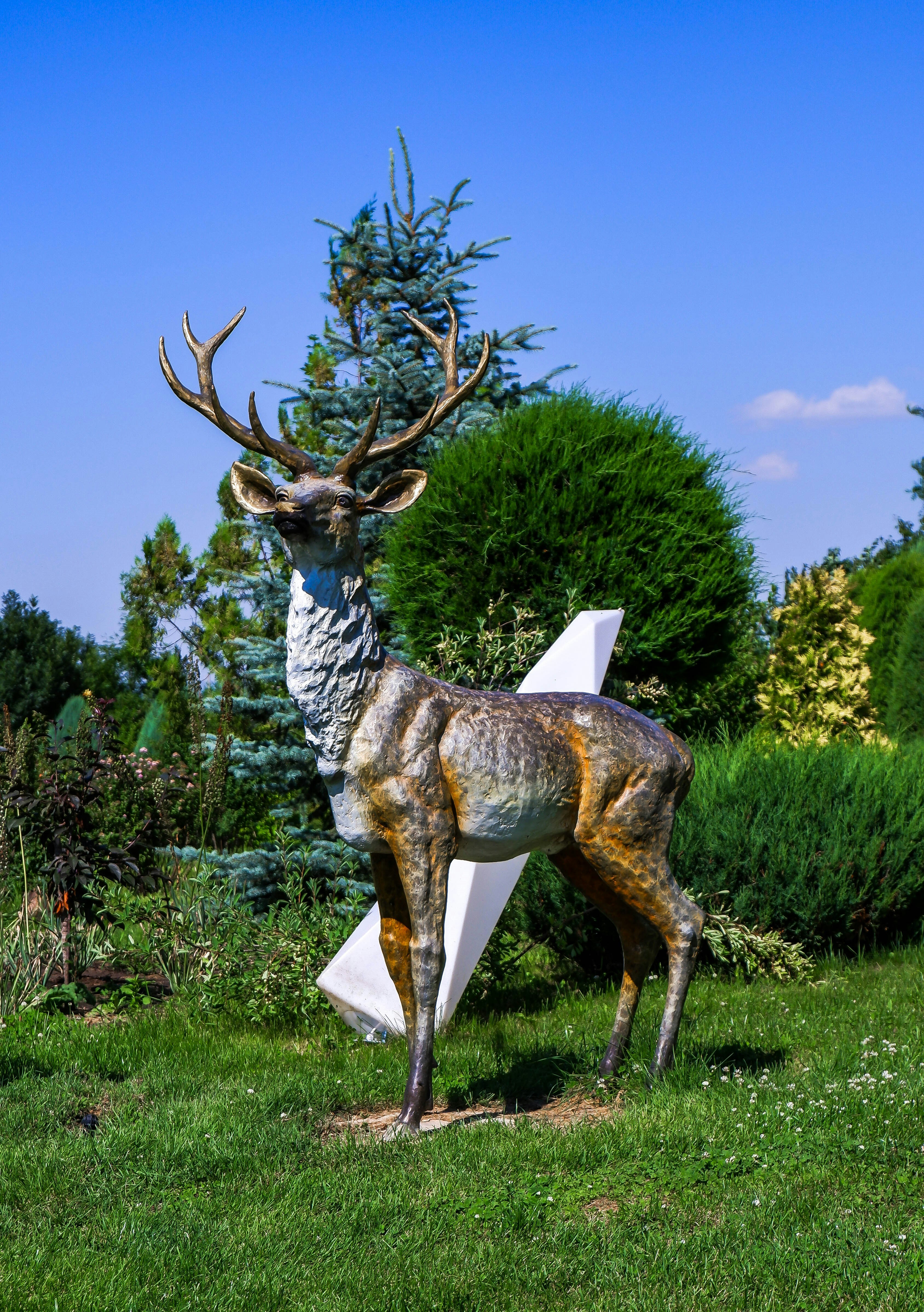 Stag in the Garden: A Deer Statue Framed by a White Angular Backdrop