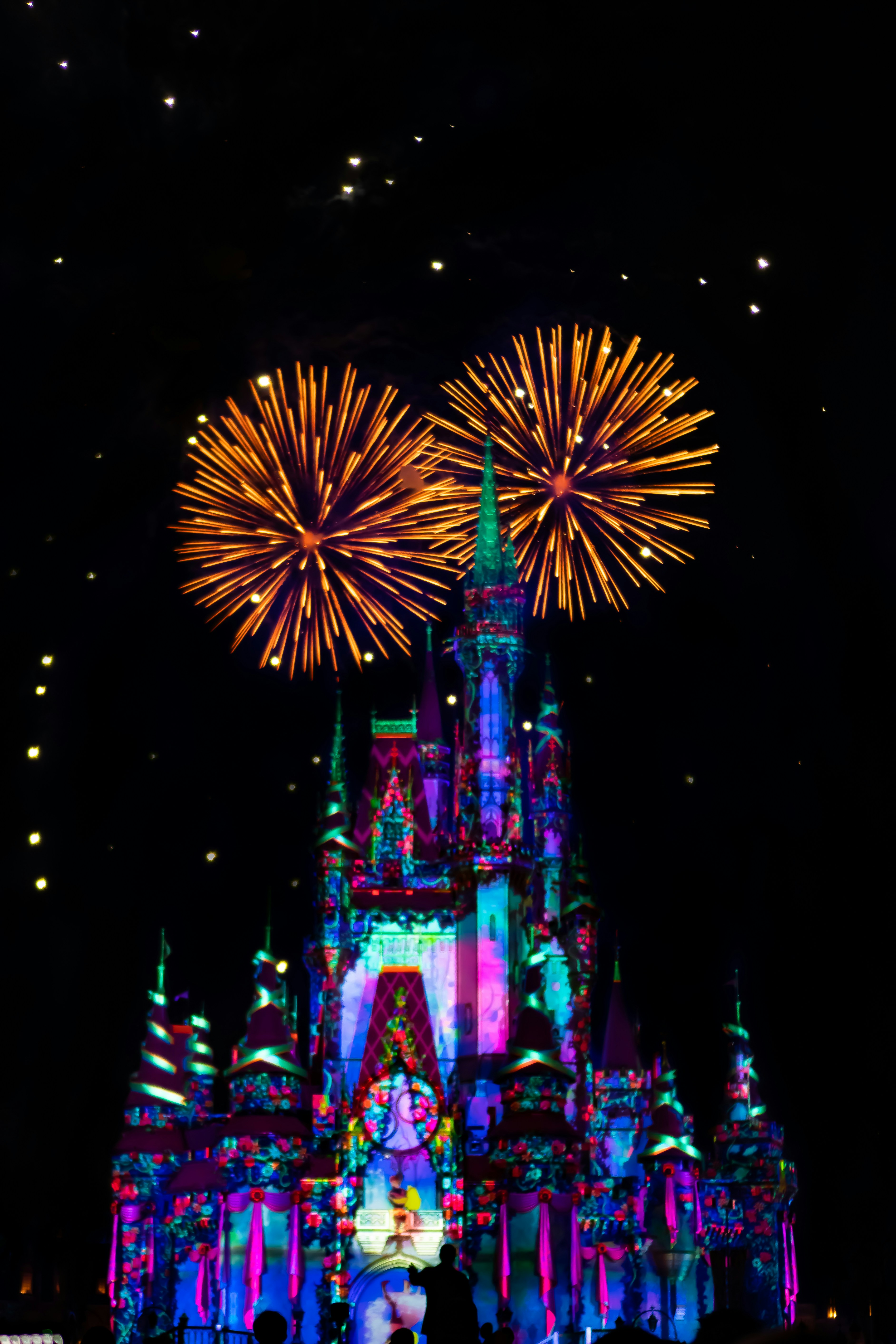 A castle lit up at night with fireworks